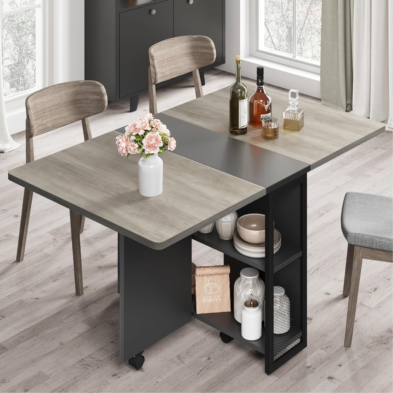 GAOMON Folding Dining Table with Drop Leaf & 2-Tier Storage Shelves ...
