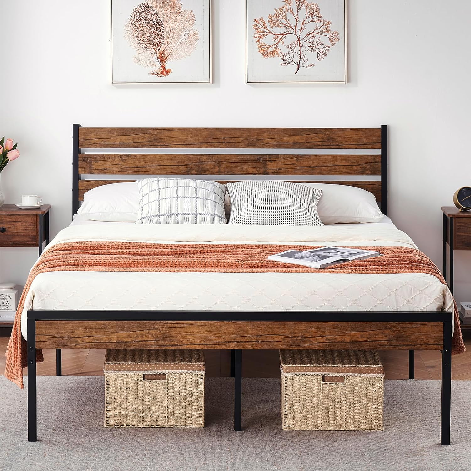 GAOMON Full Size Bed Frame with Headboard Footboard, Rustic Brown Wood ...