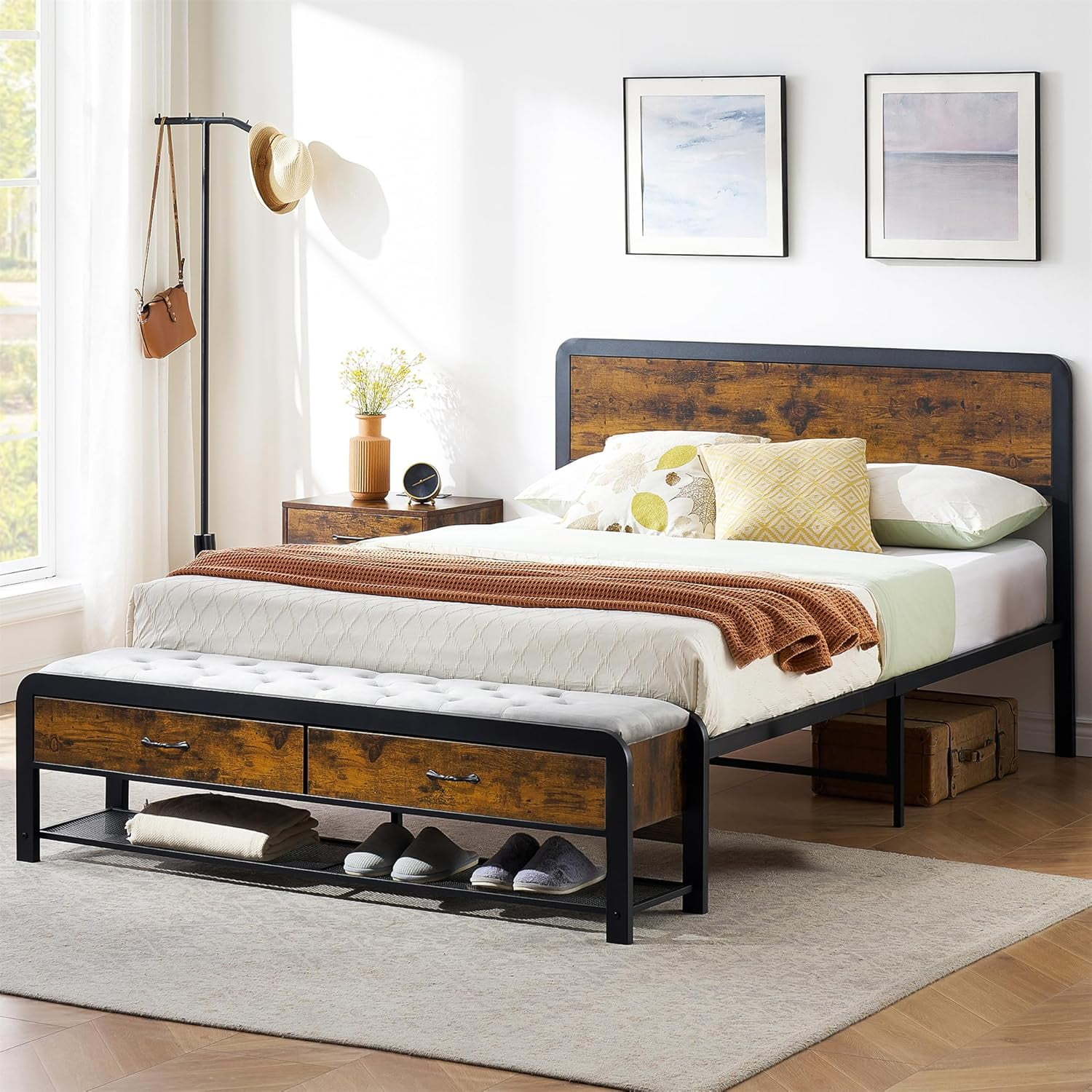 GAOMON Full Size Metal Platform Bed Frame with Wooden Headboard and 2 ...