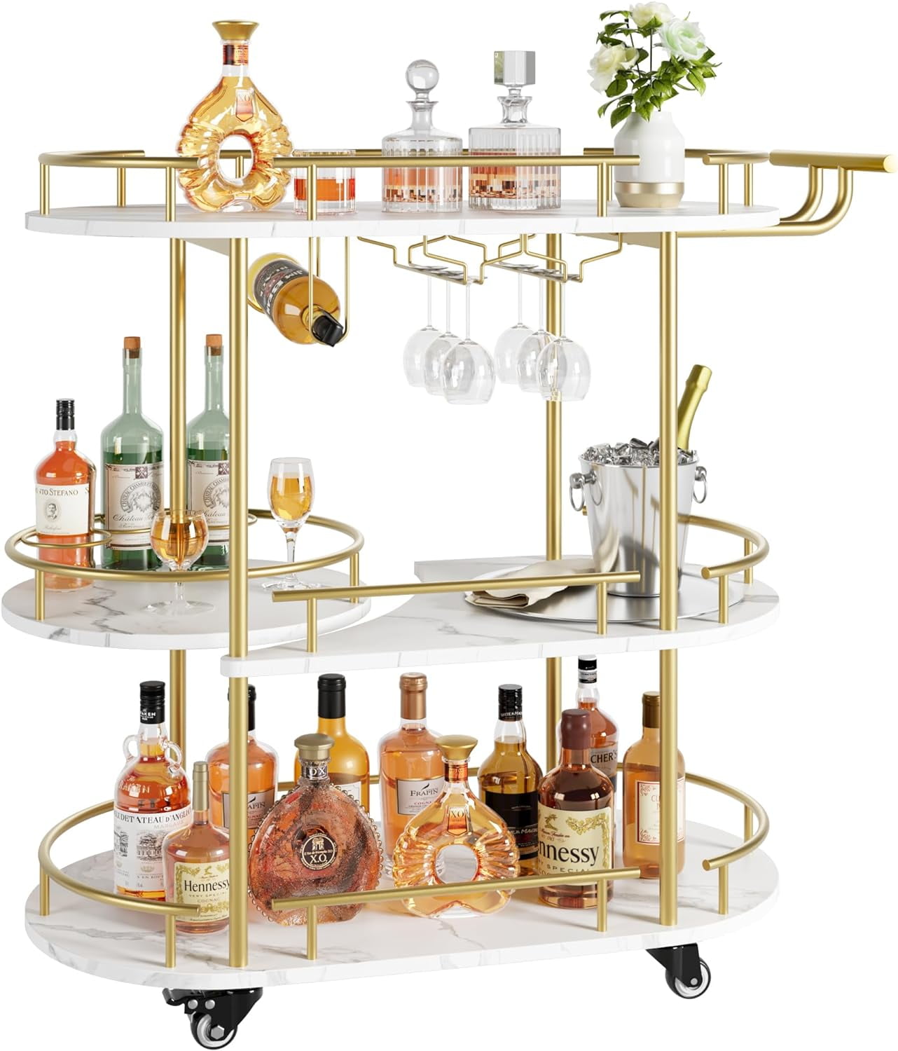 GAOMON Gold Bar Carts with 4-Tiers Storage Shelves，Mobile Bar Seving ...