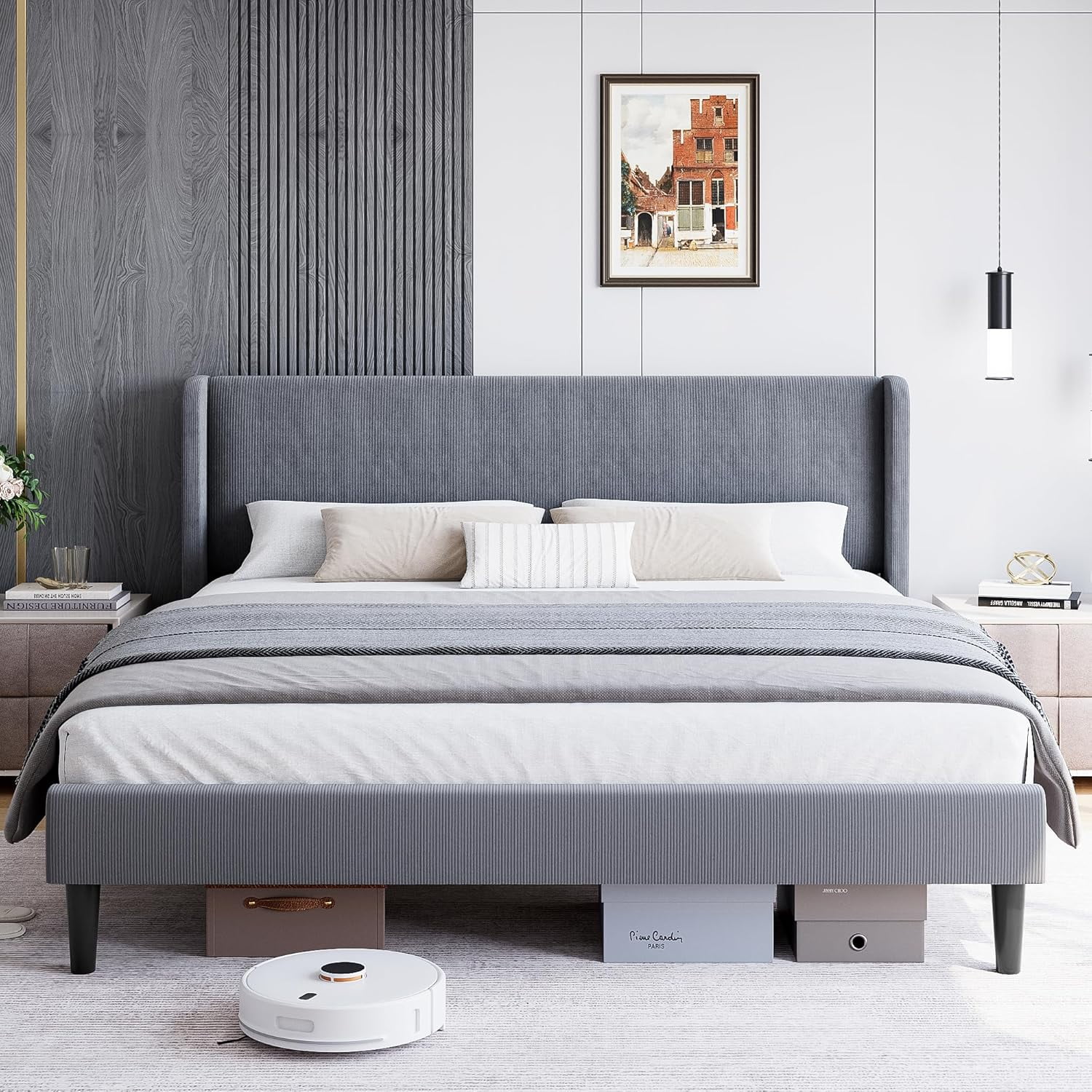 GAOMON King-Size Bed Frame With Upholstered Headboard - Wooden Slats ...