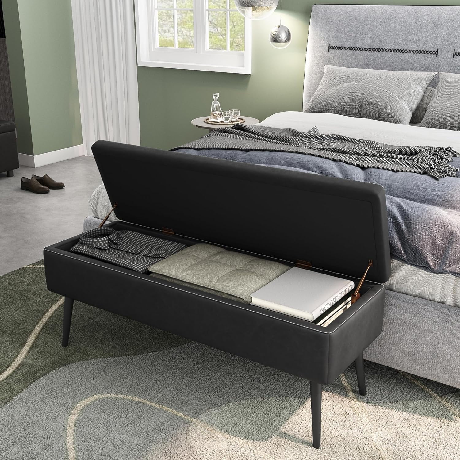 GAOMON Leather Storage Ottoman Bench, Mid-Century Modern Storage Bench ...