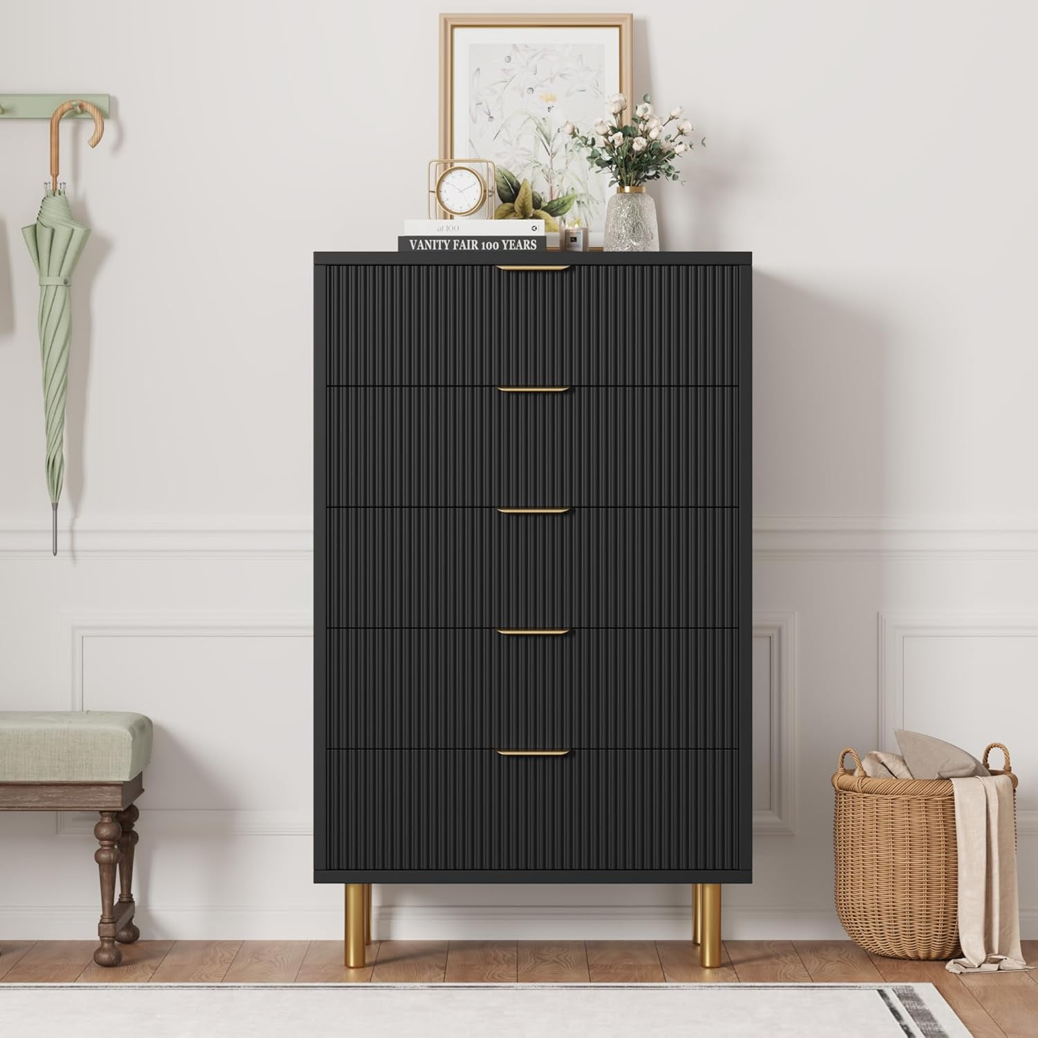 GAOMON Modern 5-Drawer Dresser with Gold Handles, Wood Double Chest ...