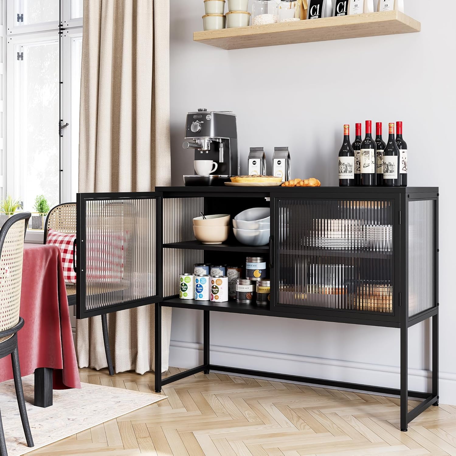 GAOMON Modern Buffet Cabinet with Fluted Glass Doors, 43.3" Black ...