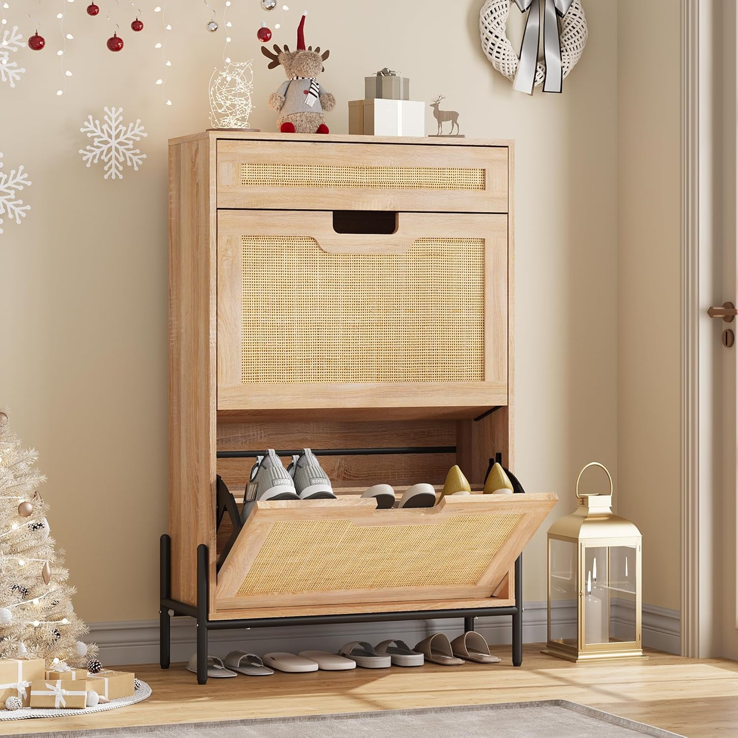 GAOMON Natural Rattan Shoe Cabinet with 2 Flip Doors, Drawer ...