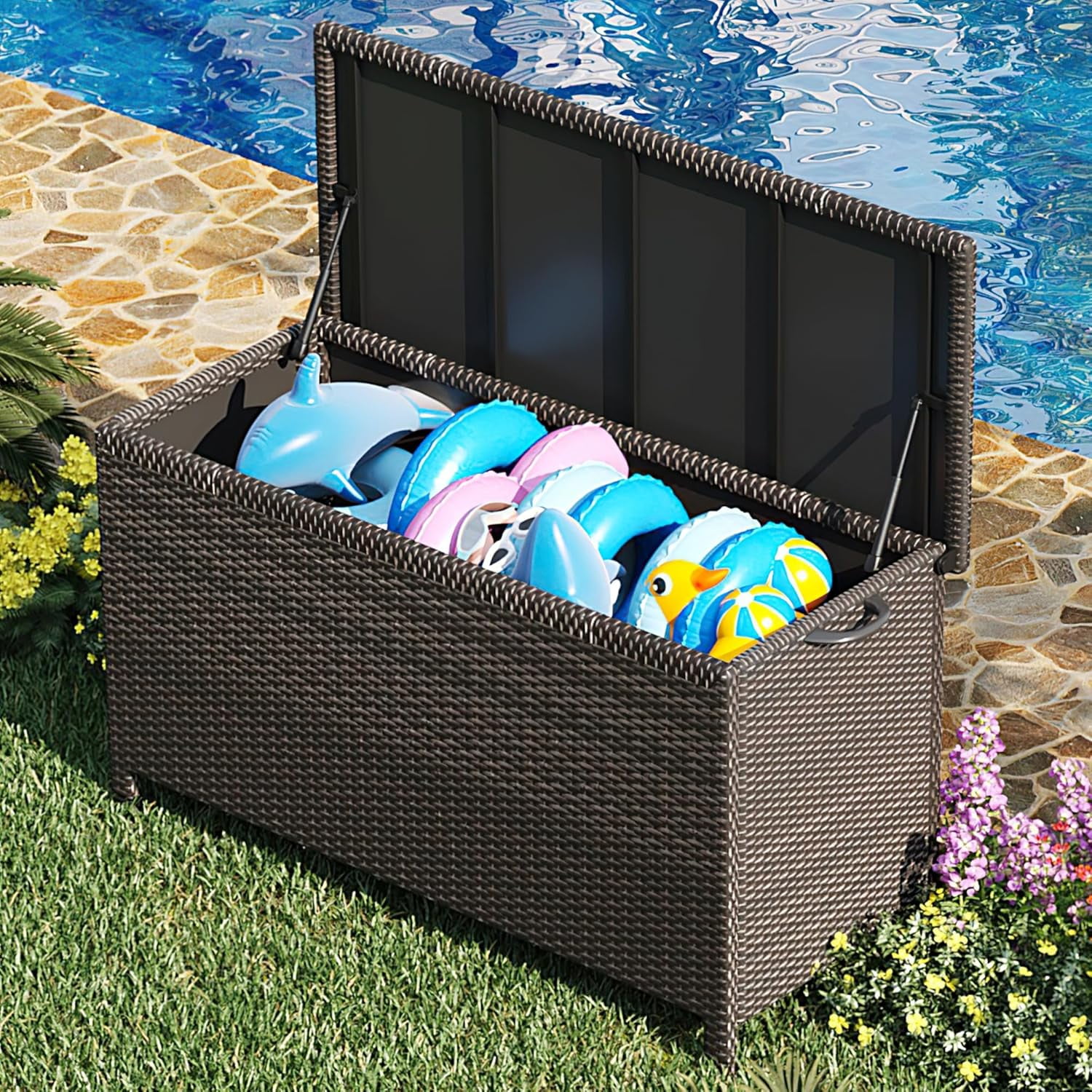 GAOMON Outdoor Storage Box, 125 Gallon Rattan Deck Box with Support ...