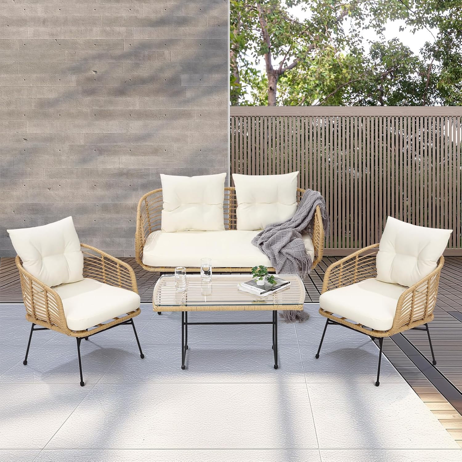 GAOMON Patio Furniture Bistro Sets 4 Pieces, Boho Rope Wicker Patio ...