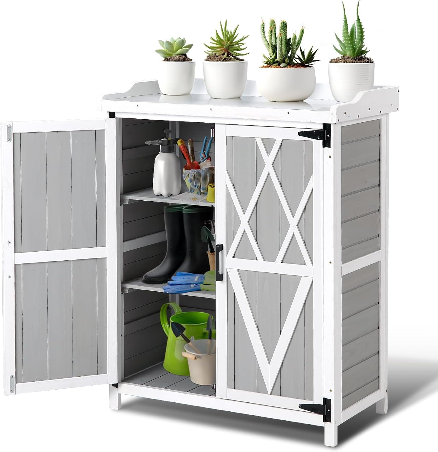 GAOMON Potting Bench Outdoor Cabinet with Metal Tabletop, Wooden ...