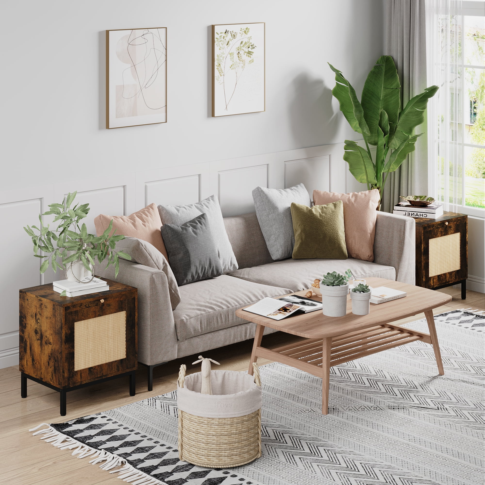 GAOMON Rattan End Table Set of 2 ，With Open Storage Shelf and Tray for ...