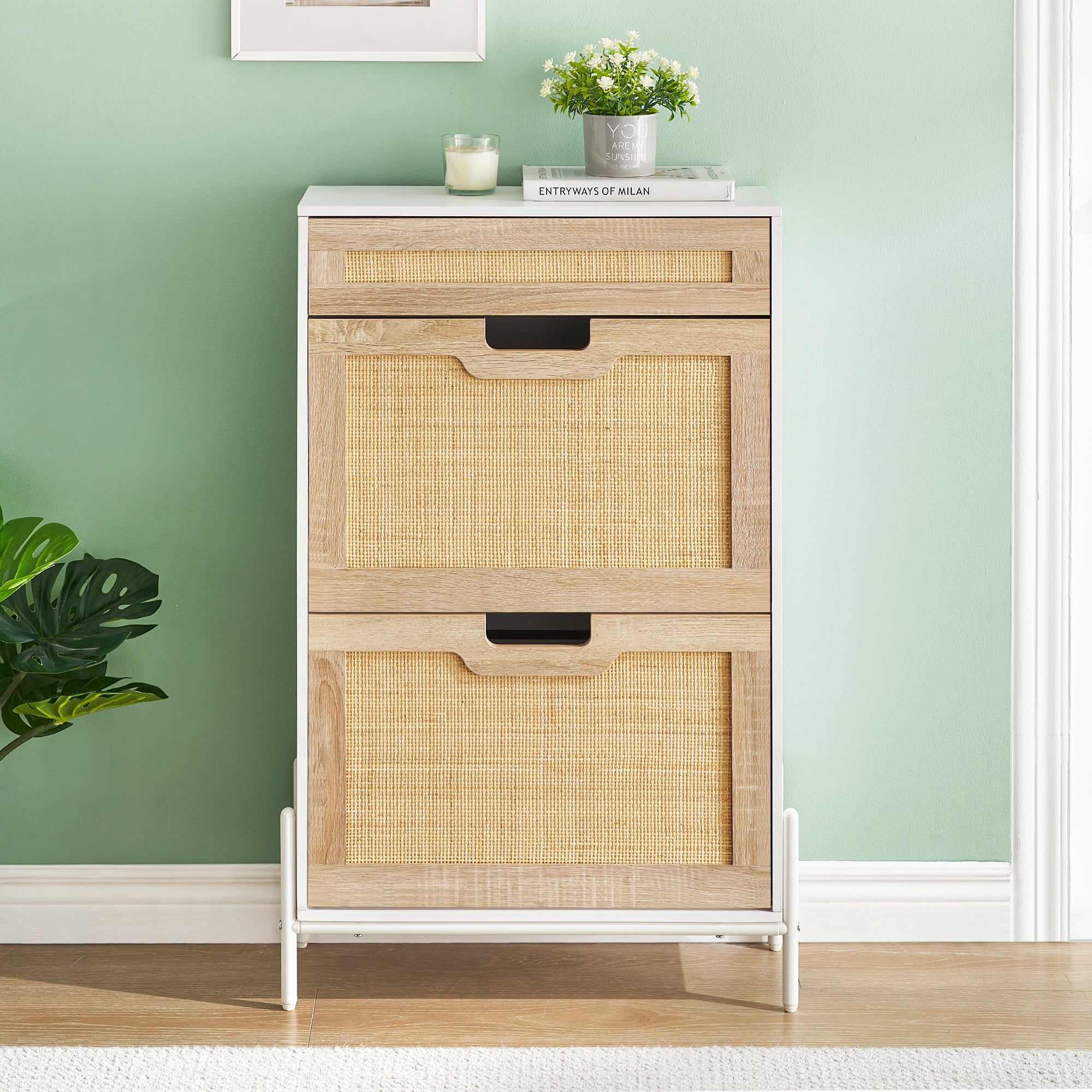 GAOMON Rattan Shoe Cabinet, 2 Flip-up Drawers, Holds 20 Pairs of Shoes ...