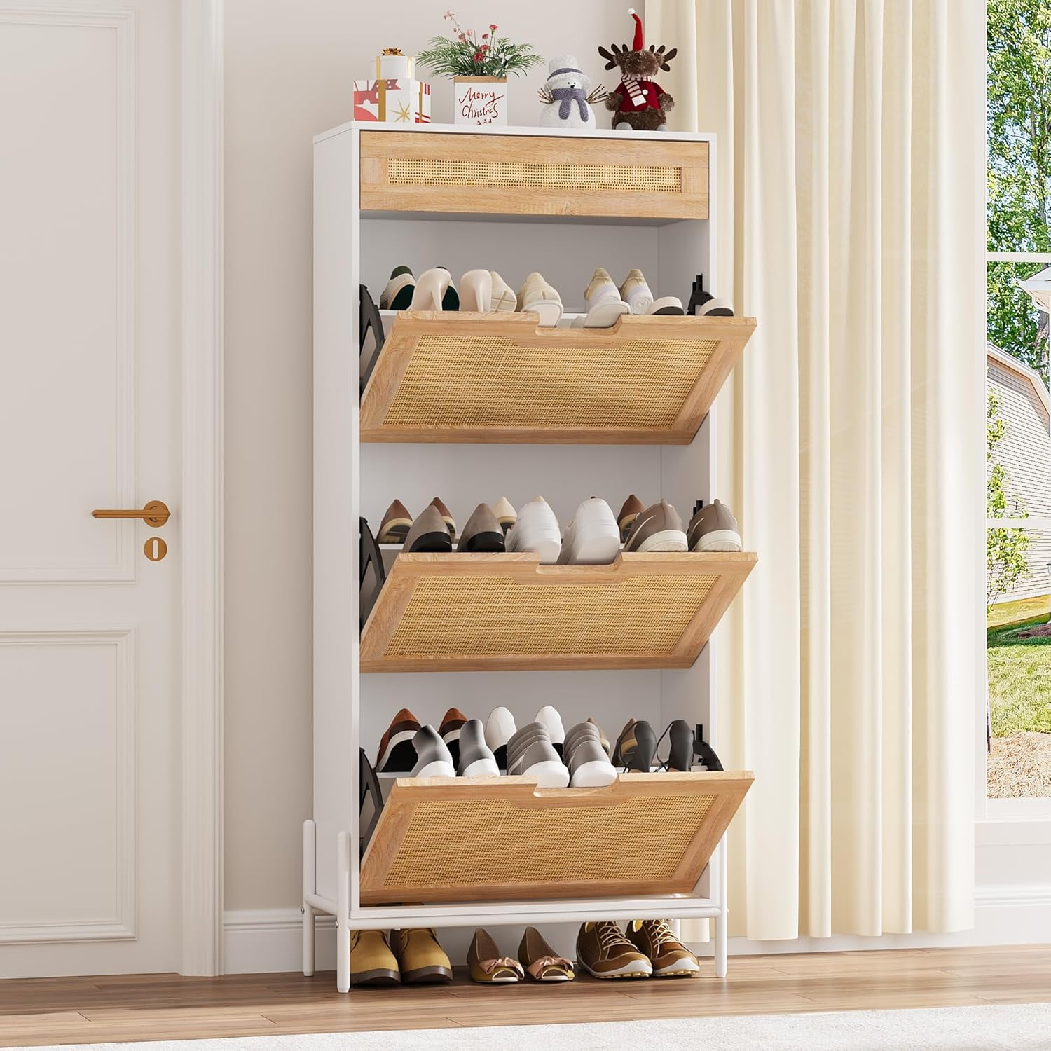 GAOMON Rattan Shoe Cabinet with 3 Flip Doors and Drawer, Adjustable ...