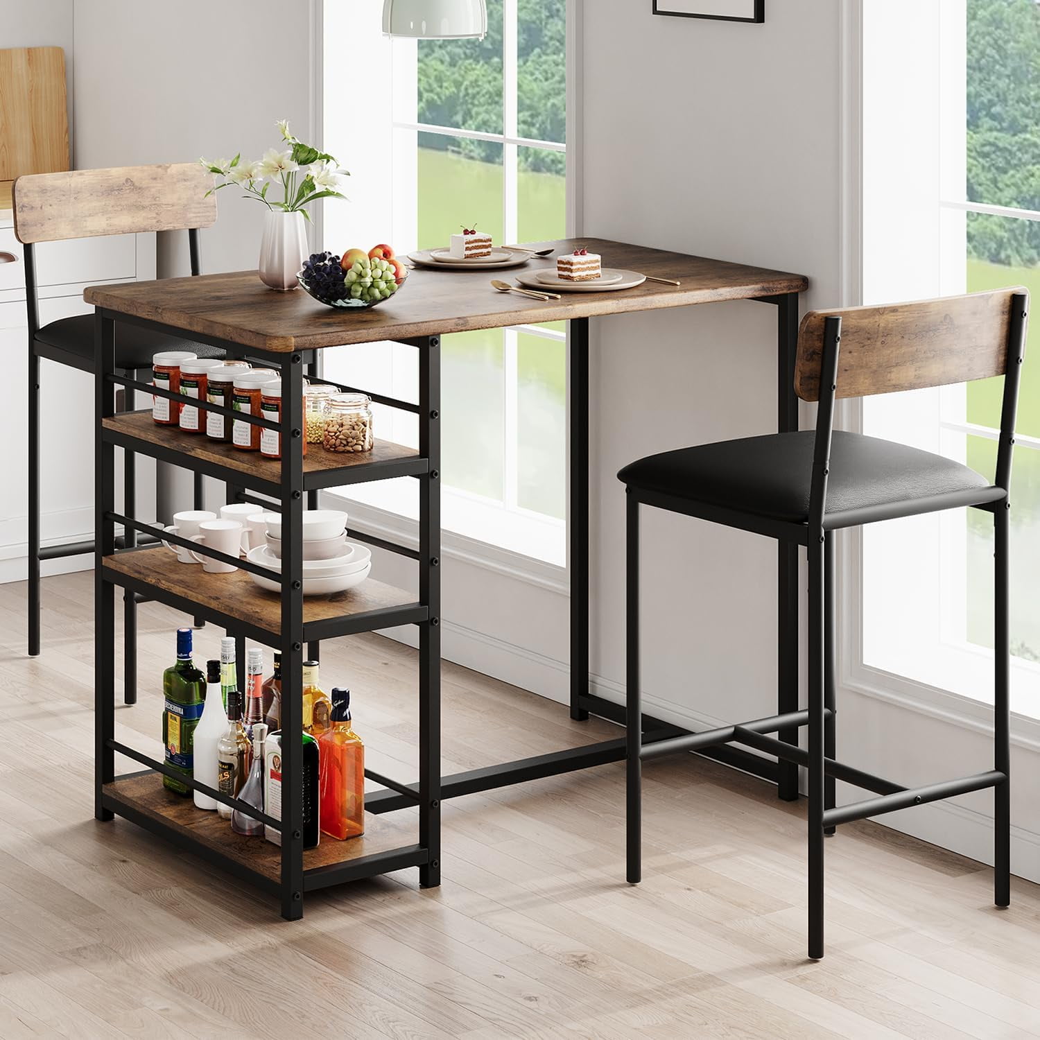 GAOMON Rustic Brown 3-Piece Counter Height Bar Kitchen Table Set with 3 ...