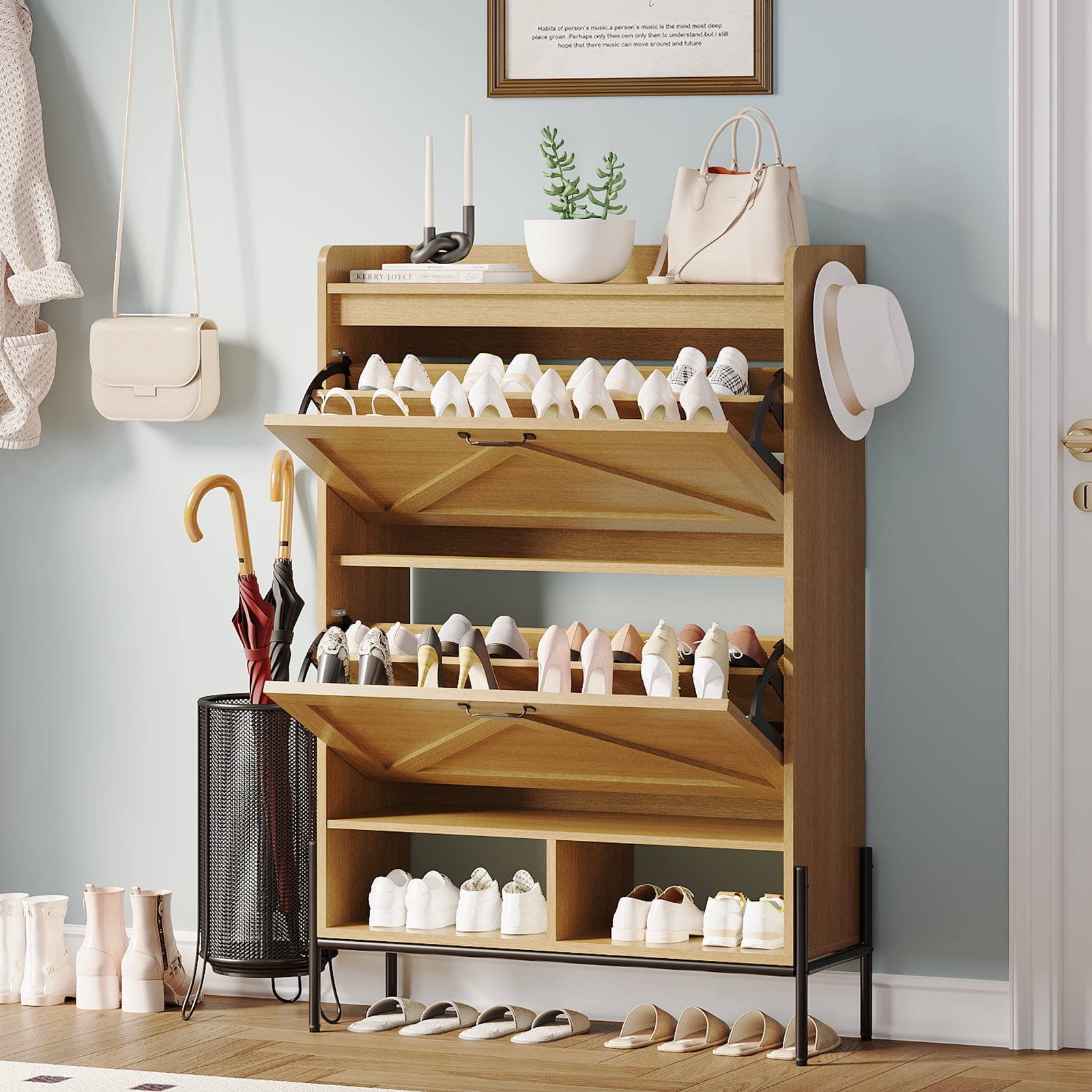 GAOMON Shoe Cabinet with Adjustable 2 Flip-Up Drawers and Open Storage ...