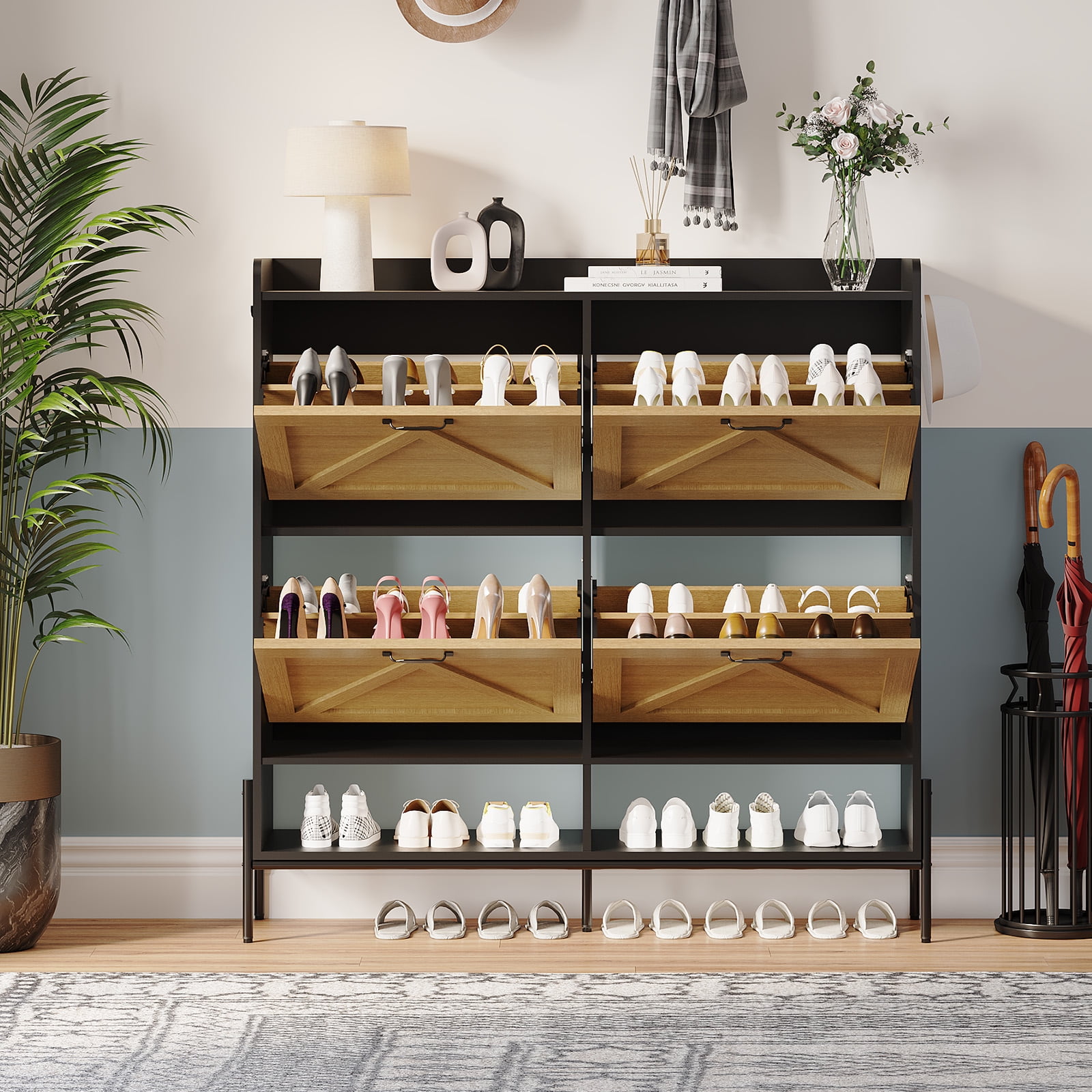 GAOMON Shoe Cabinet with Adjustable 4 Flip-Up Drawers and Open Storage ...