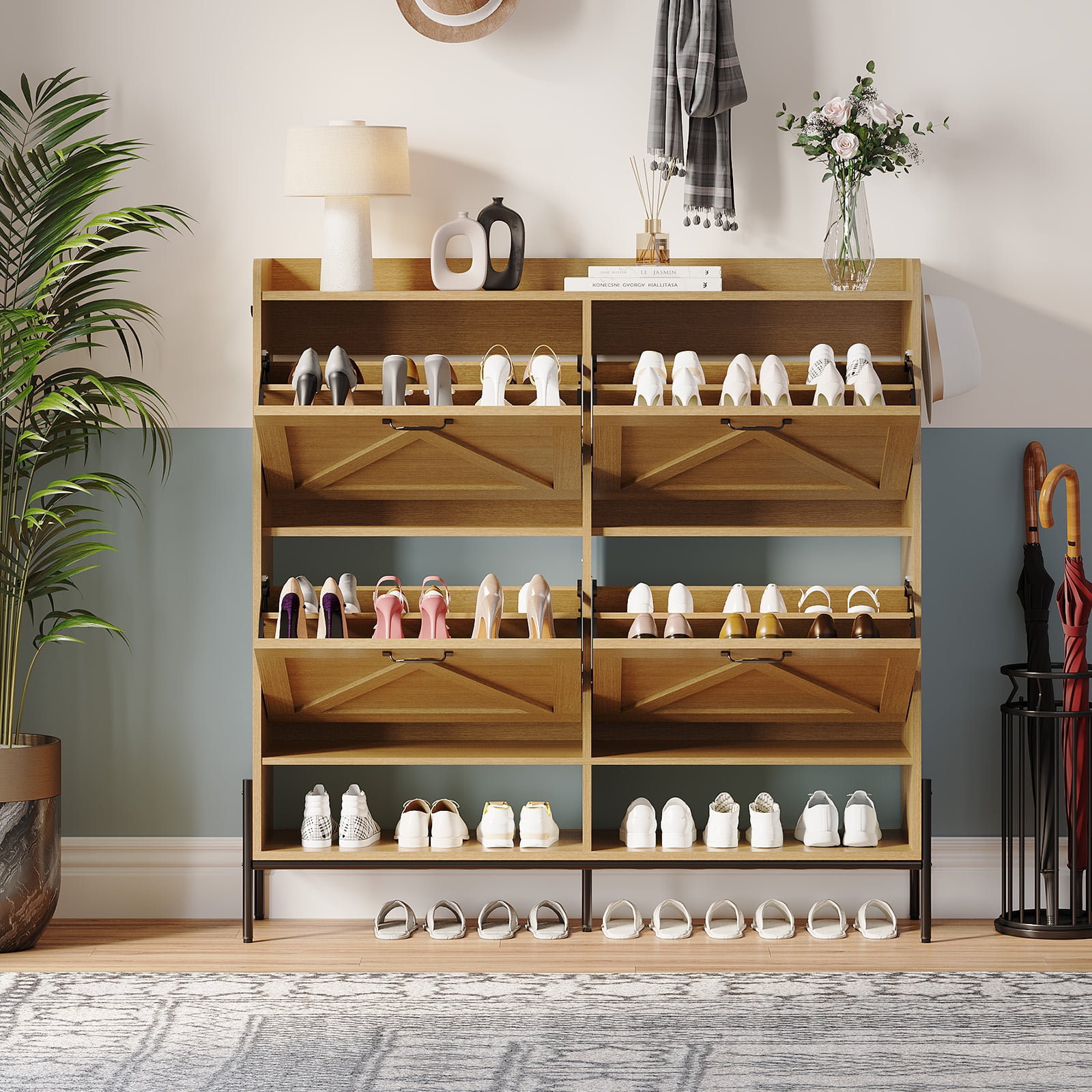 GAOMON Shoe Cabinet with Adjustable 4 Flip-Up Drawers and Open Storage ...