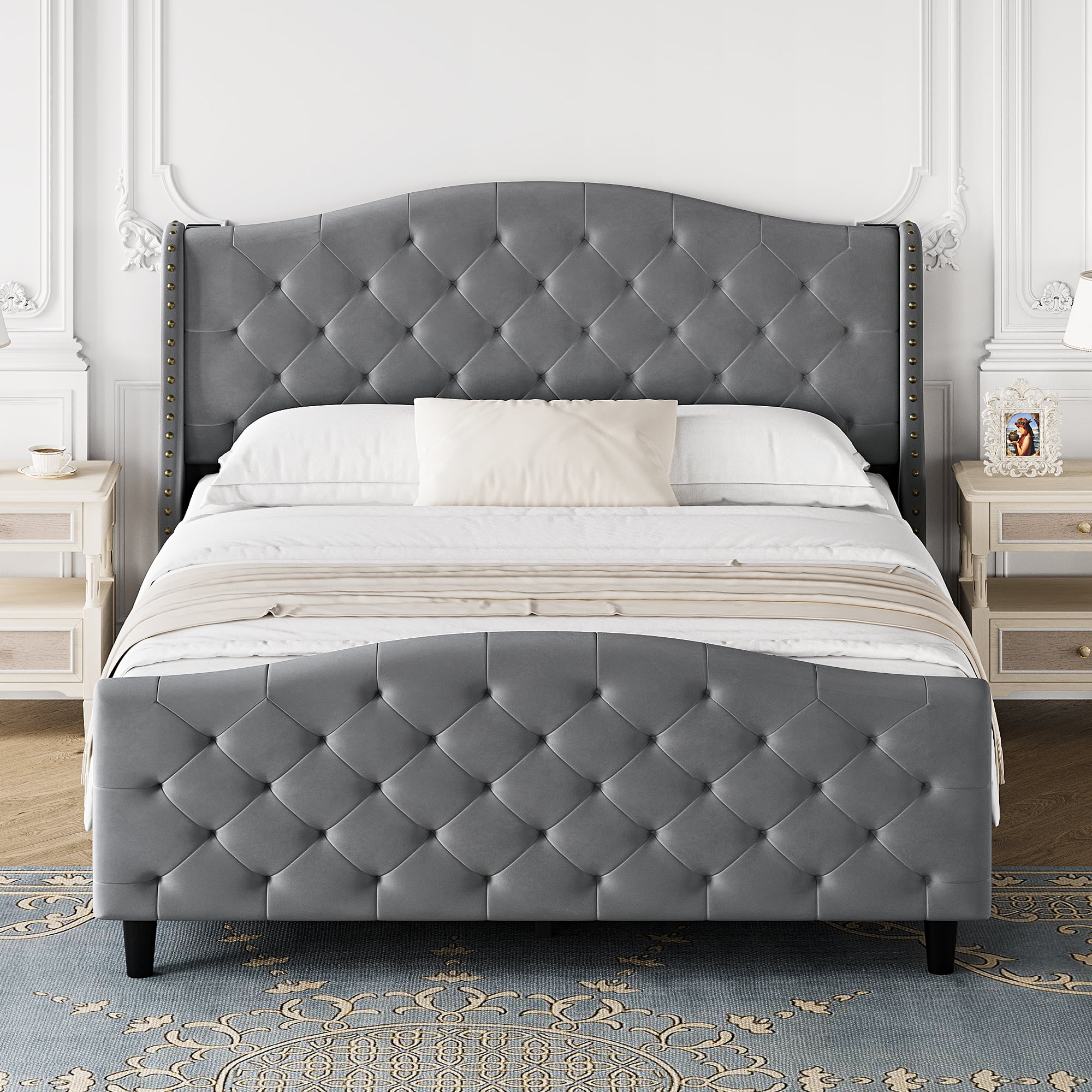 GAOMON Tufted Upholstered Platform Bed Frame, Velvet Platform Bed with ...
