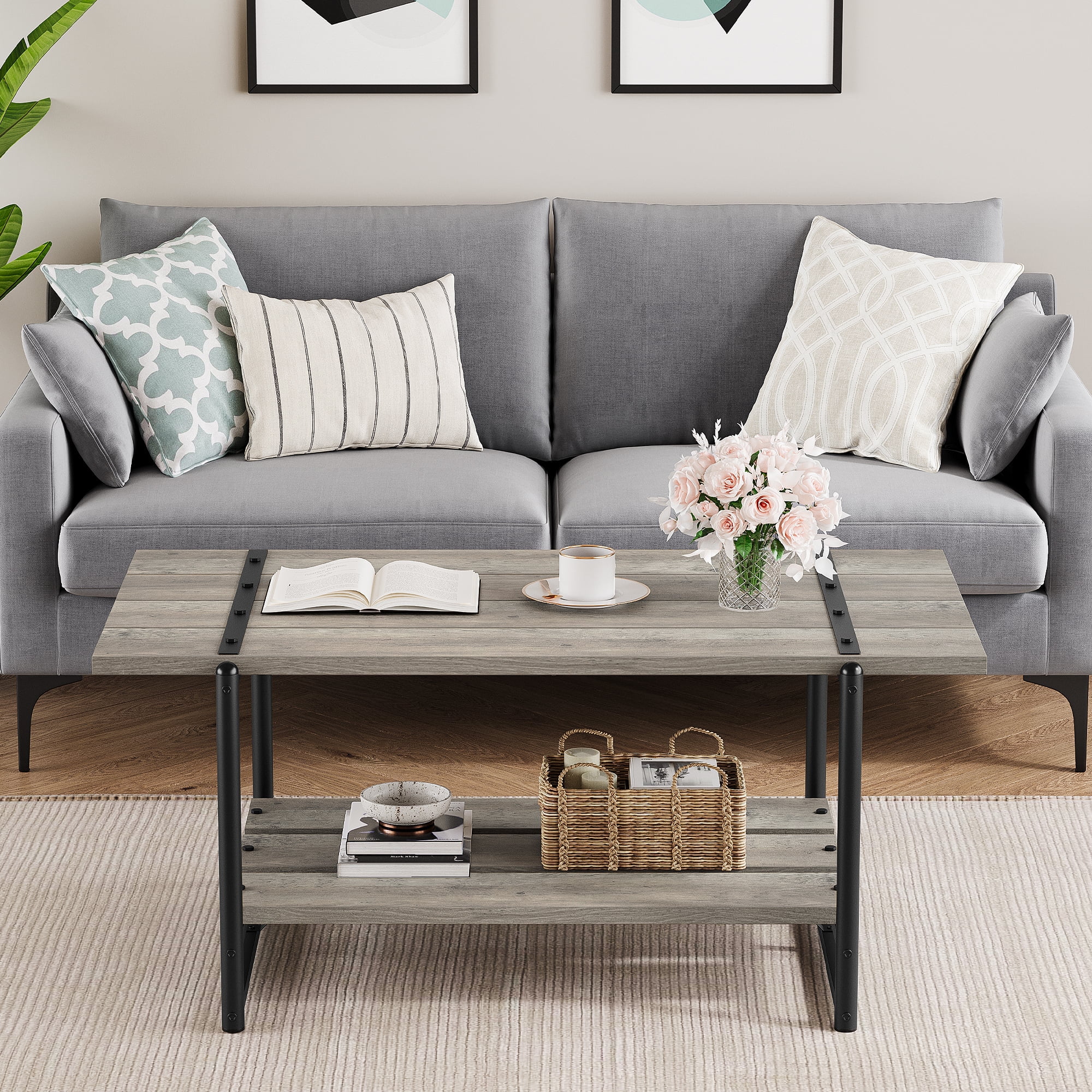 GAOMON Two-tier Gray Coffee Table with Storage Shelves, Wood Slat ...