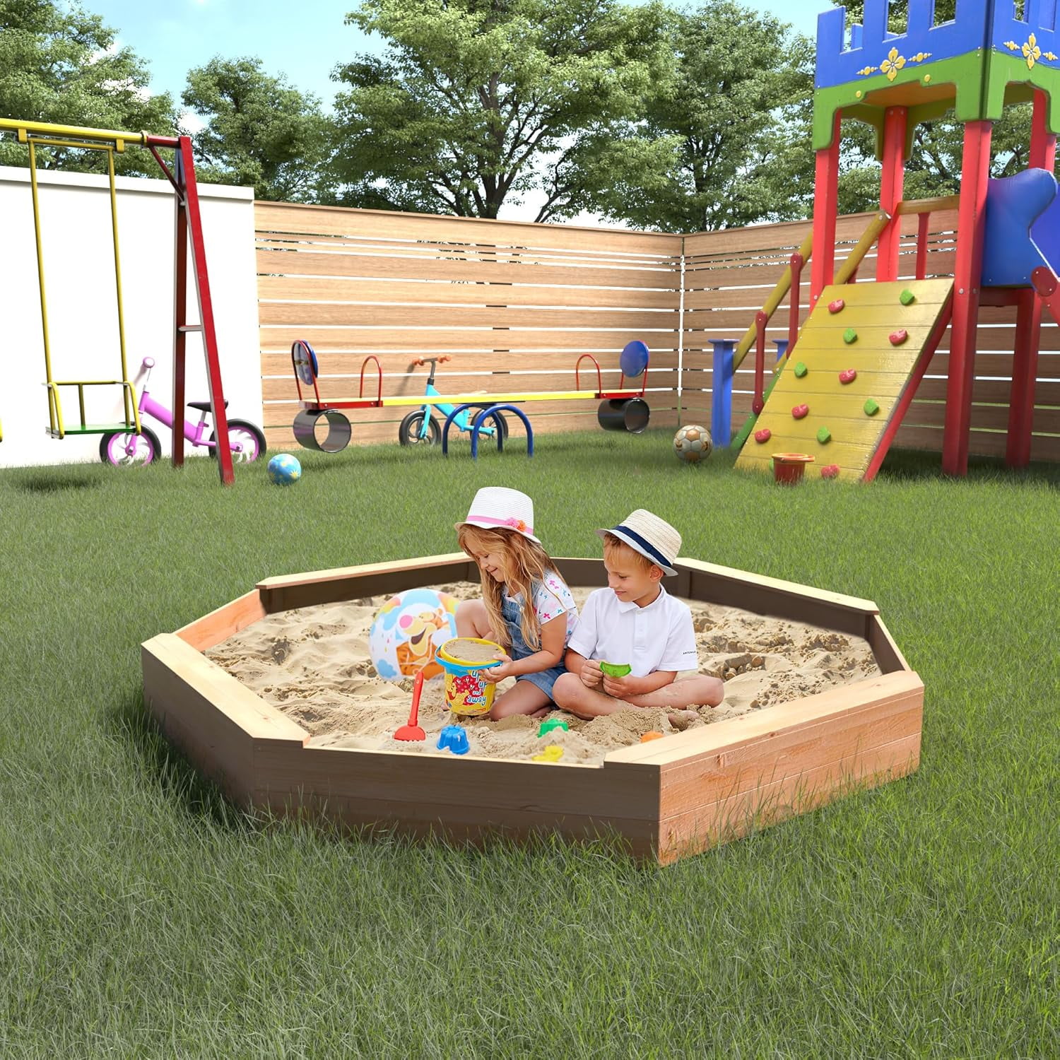 GAOMON Wooden Octagon Sandbox with Cover, Outdoor Sand Box with 4 Bench ...