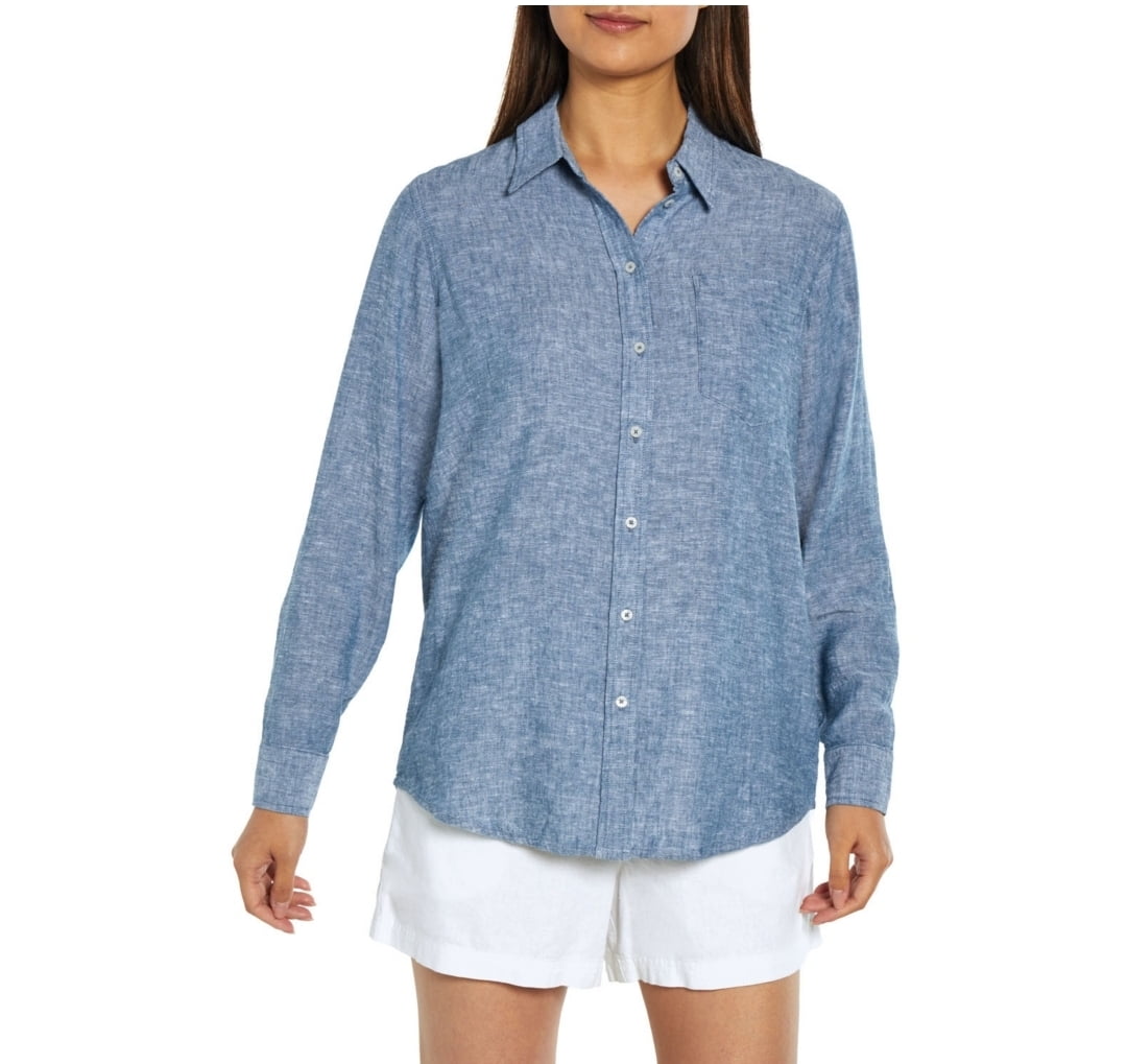 GAP Women's Long Sleeve Relaxed Fit Linen Collared Button Down Top (Blue Crosshatch, XL ...