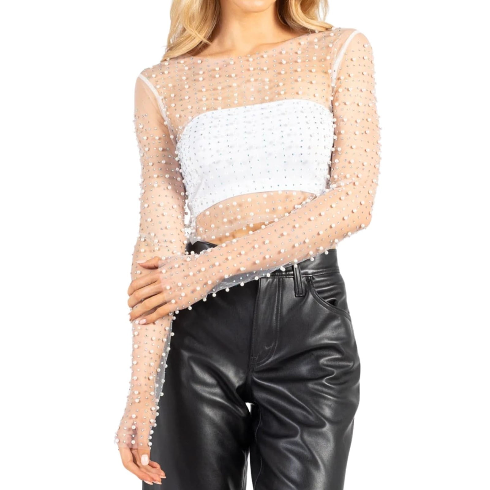 Gaqlive Women Pearl Rhinestone Sheer Mesh Crop Top Sexy See Through Long Sleeve Slim Fit Cropped