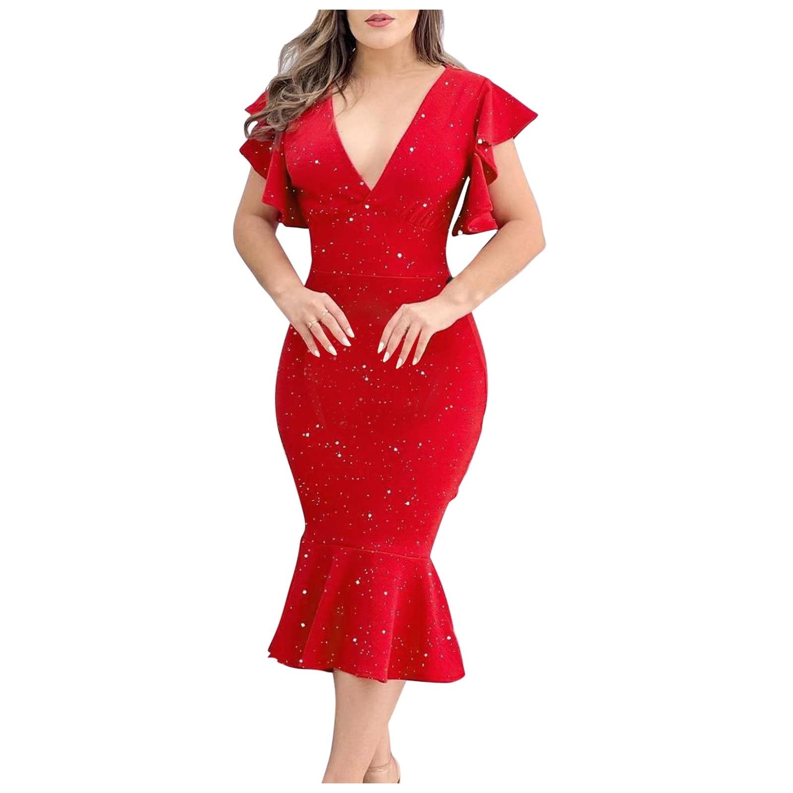 Gaqlive Women Slim Tight Fashion Shiny Ruffles Dress Bronzing Splice
