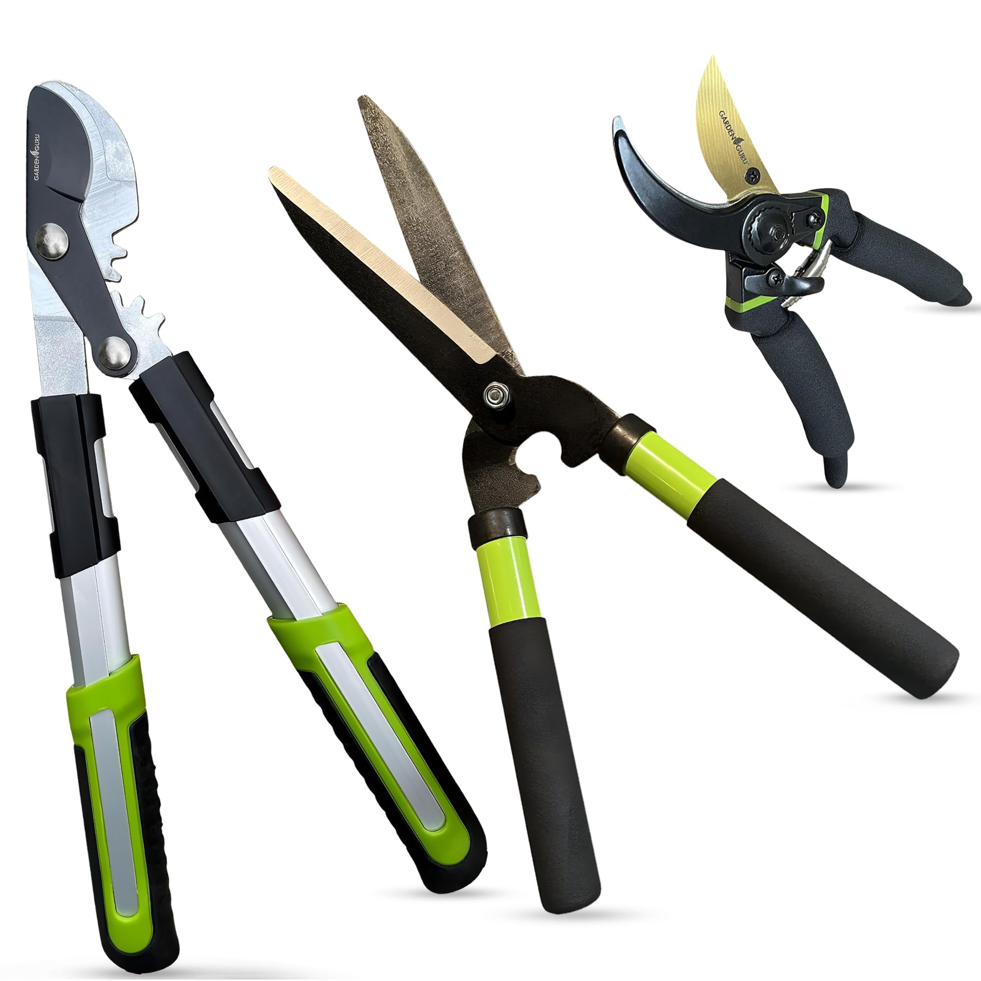 GARDEN GURU Hedge Shears Bypass Loppers Pruning Shears 3 Pc Set - Heavy ...