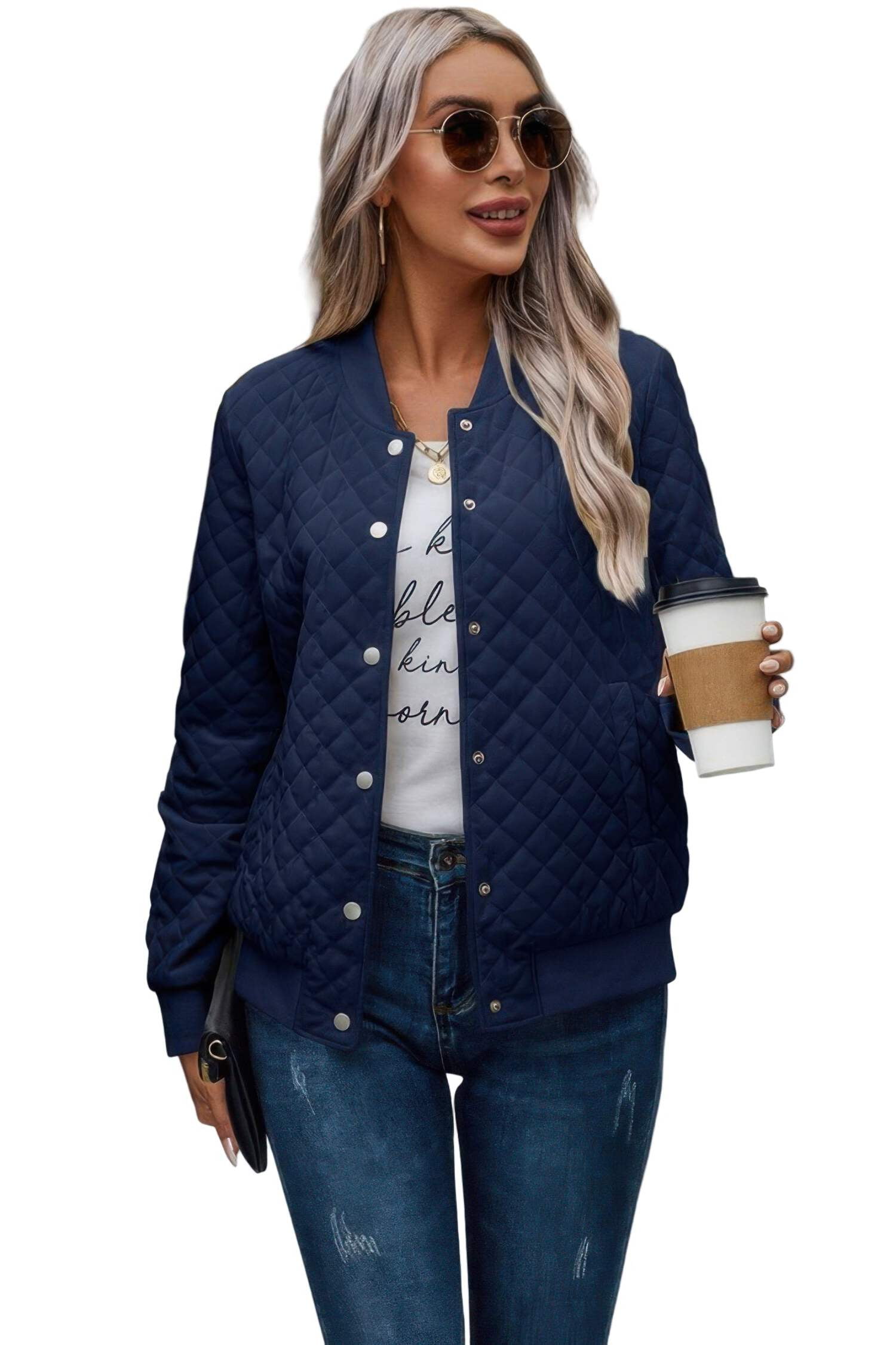 Solid Plaid Stitch Pockets Bomber Jacket - Walmart.com