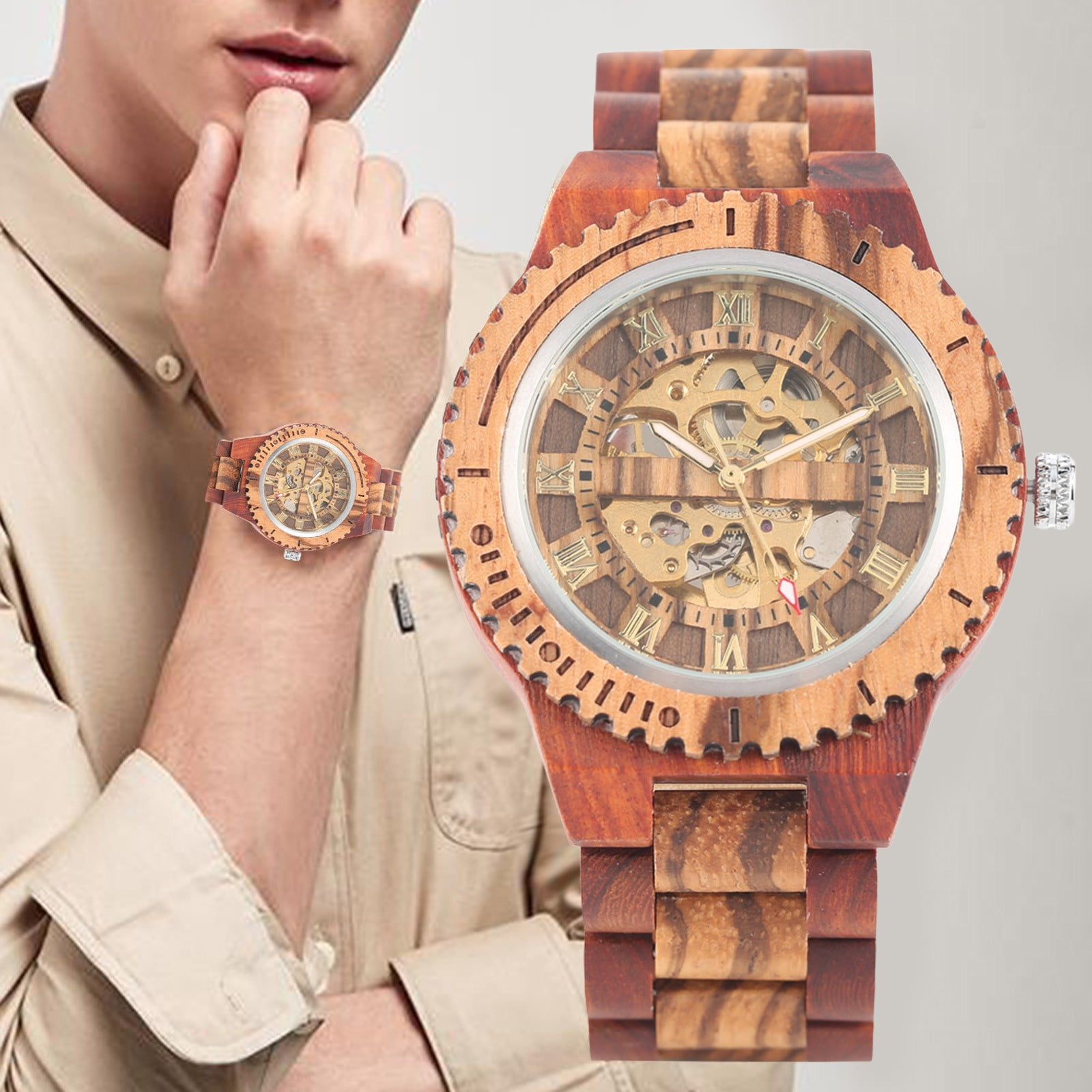 GARENAS Dentily Men's Wooden Triangle Skeleton Automatic Timepiece ...
