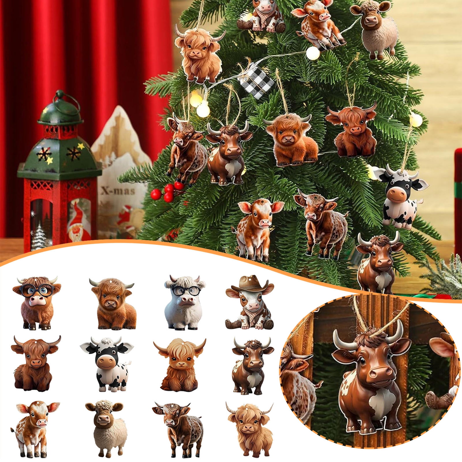GARENAS Garden Decor Christmas Tree Cow Cute Wooden Cow Ornaments 12 ...