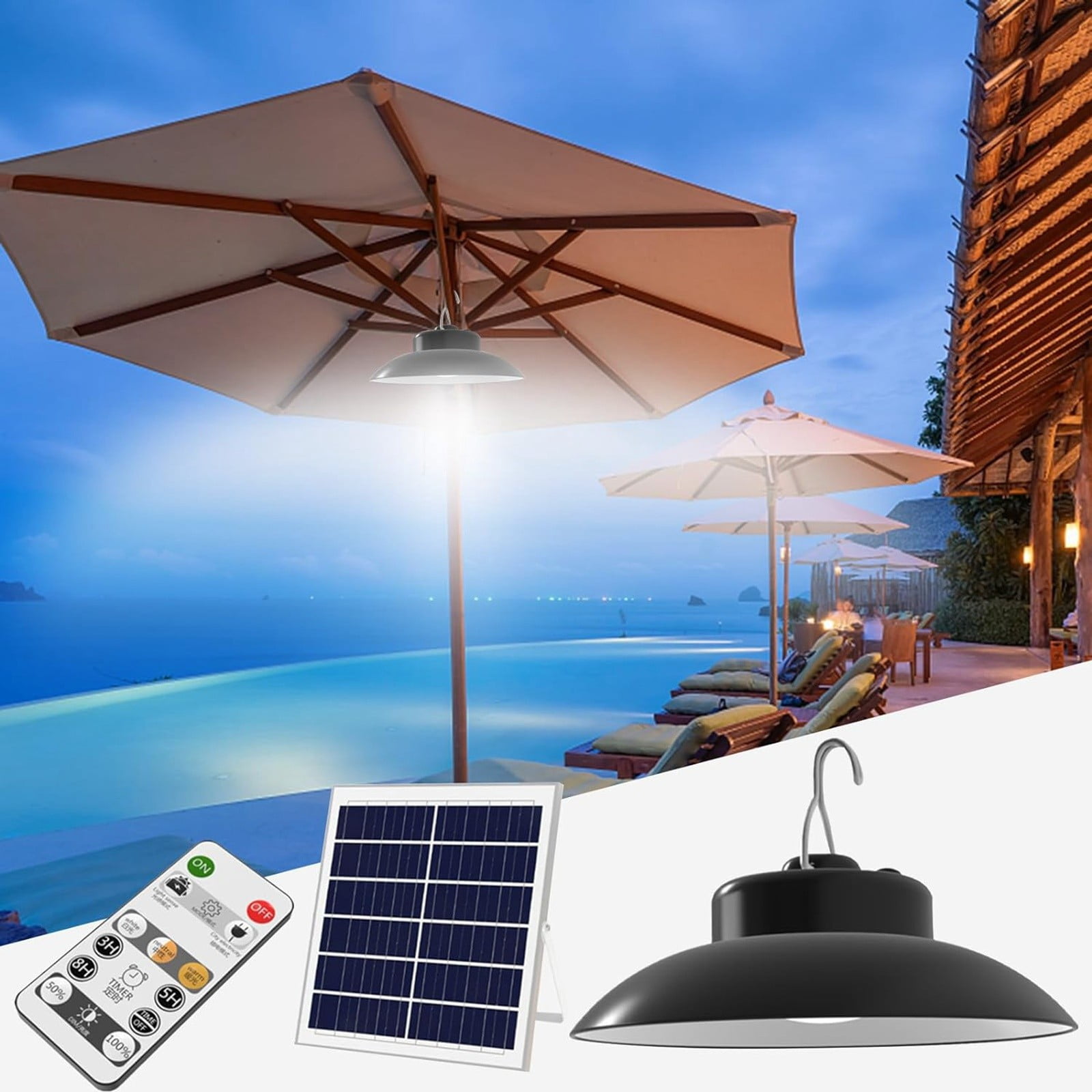 GARENAS Patio Umbrella Light Solar Outdoor Chandelier Outdoor Timing ...
