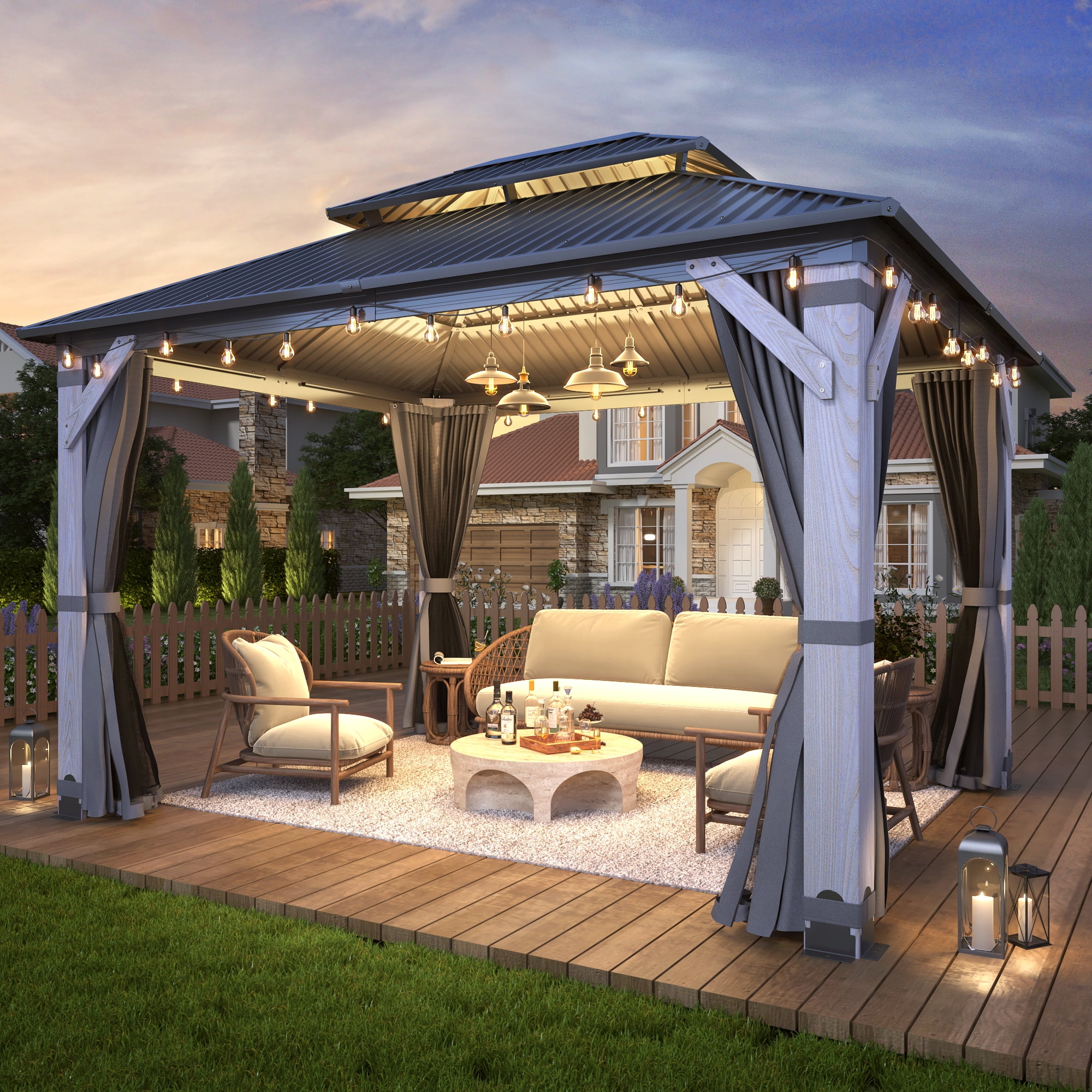 GARTOO 10 x 12 ft. Patio Cedar Wood Gazebo, Outdoor Double Roof Hardtop ...