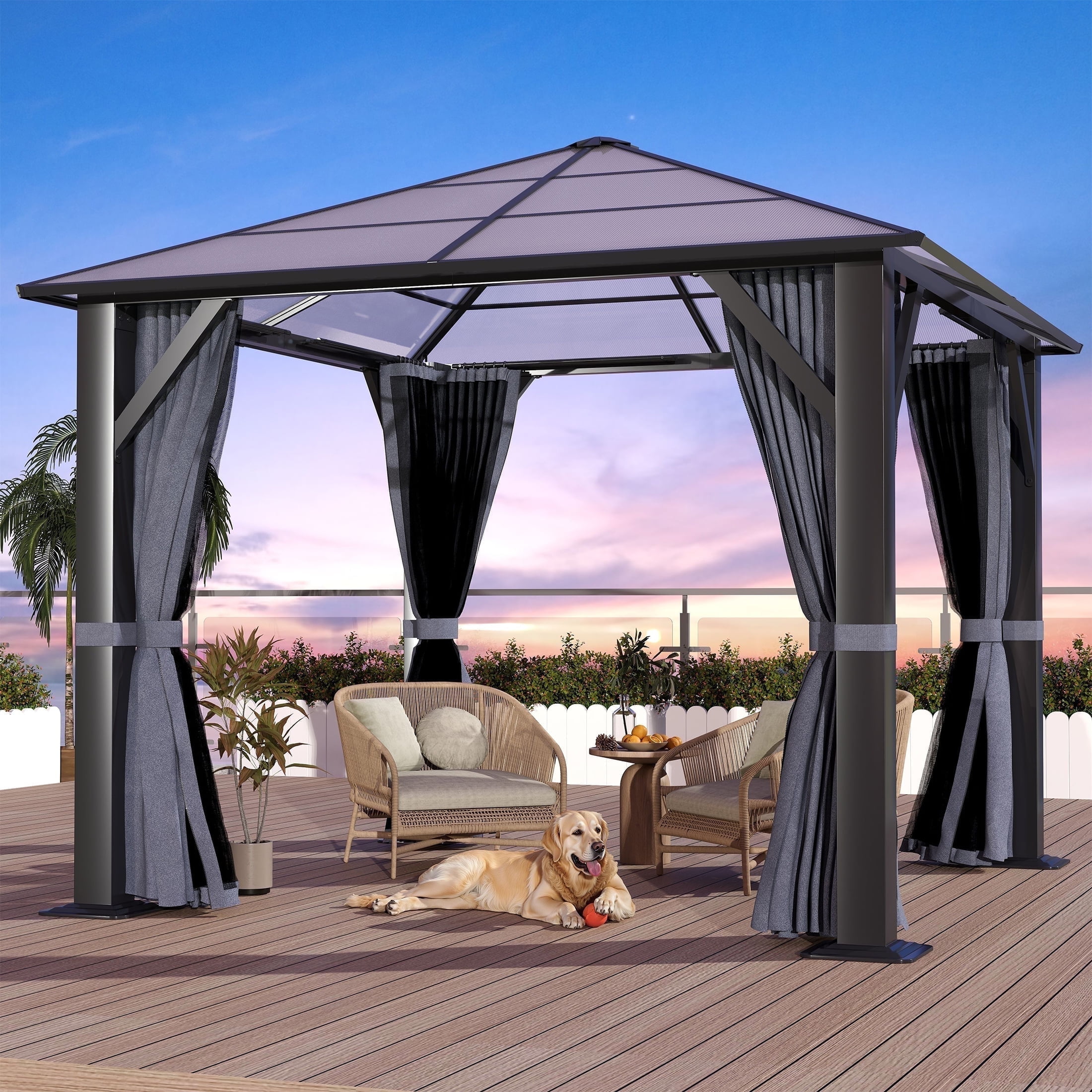 Gartooo 10'x10' Hardtop Gazebo, Outdoor Polycarbonate Roof, Metal Frame ...