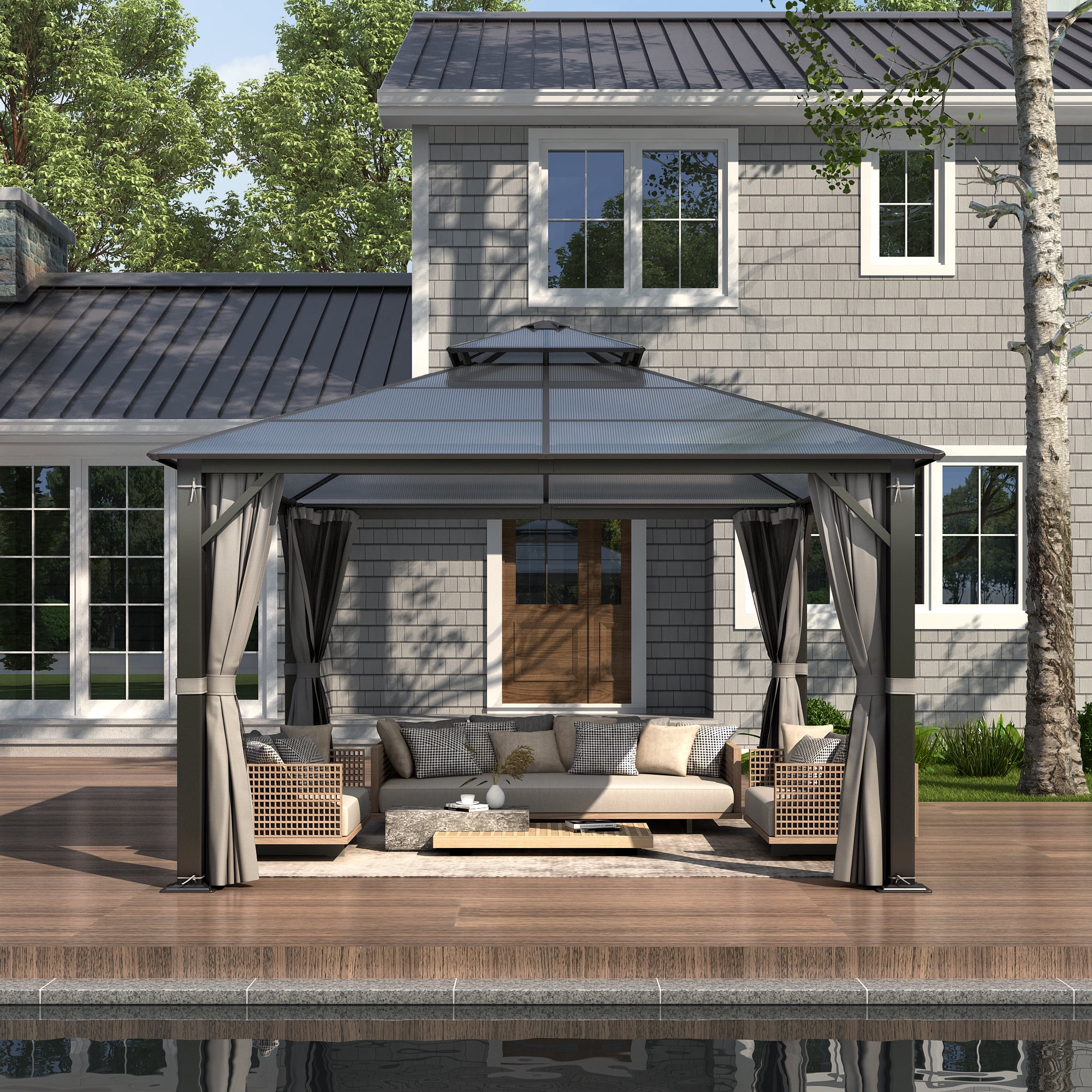 GARTOO 12 Ft. x 12 Ft. Hardtop Gazebo Outdoor Double Polycarbonate Roof ...