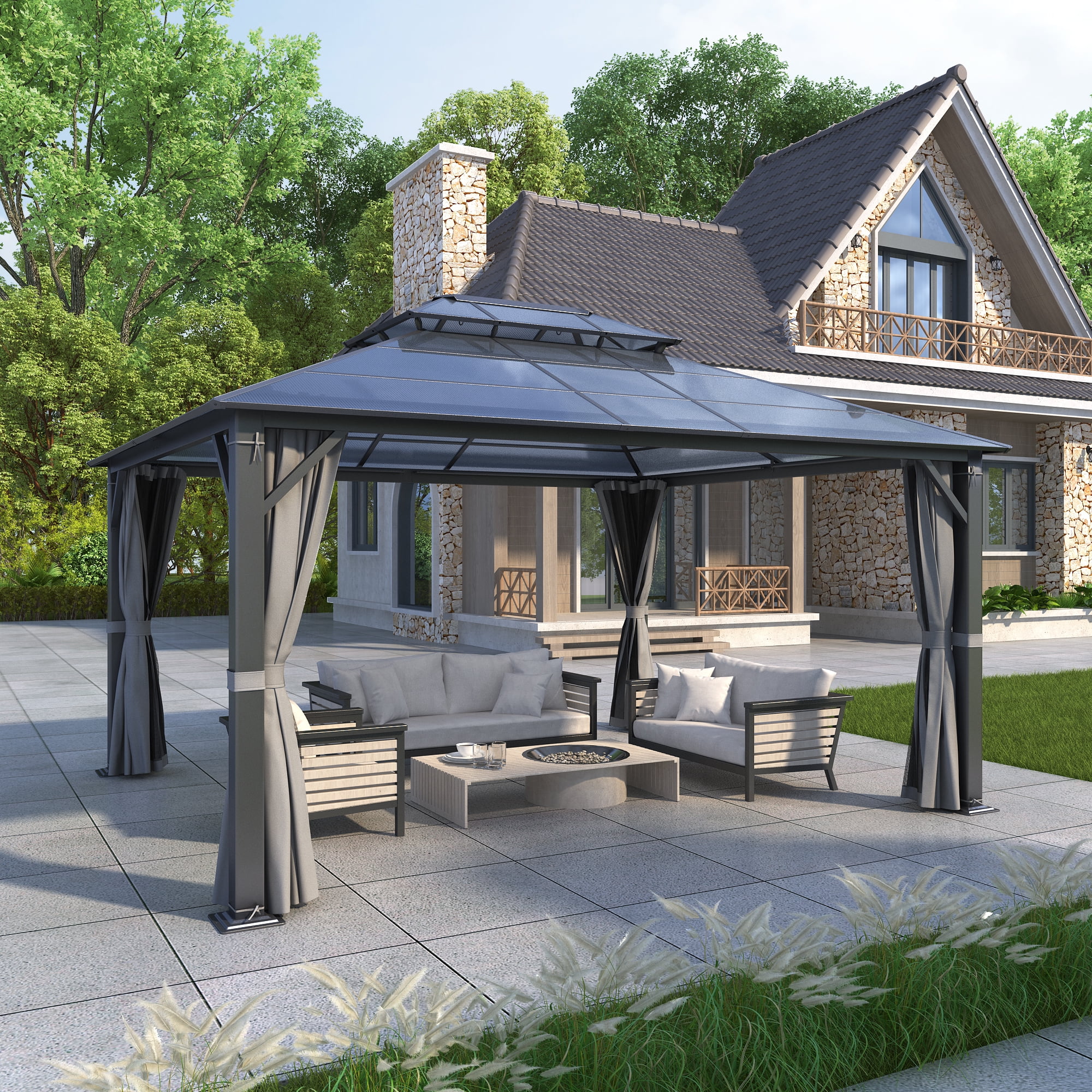 GARTOO 12 Ft. x 14 Ft. Hardtop Gazebo Outdoor Double Polycarbonate Roof ...