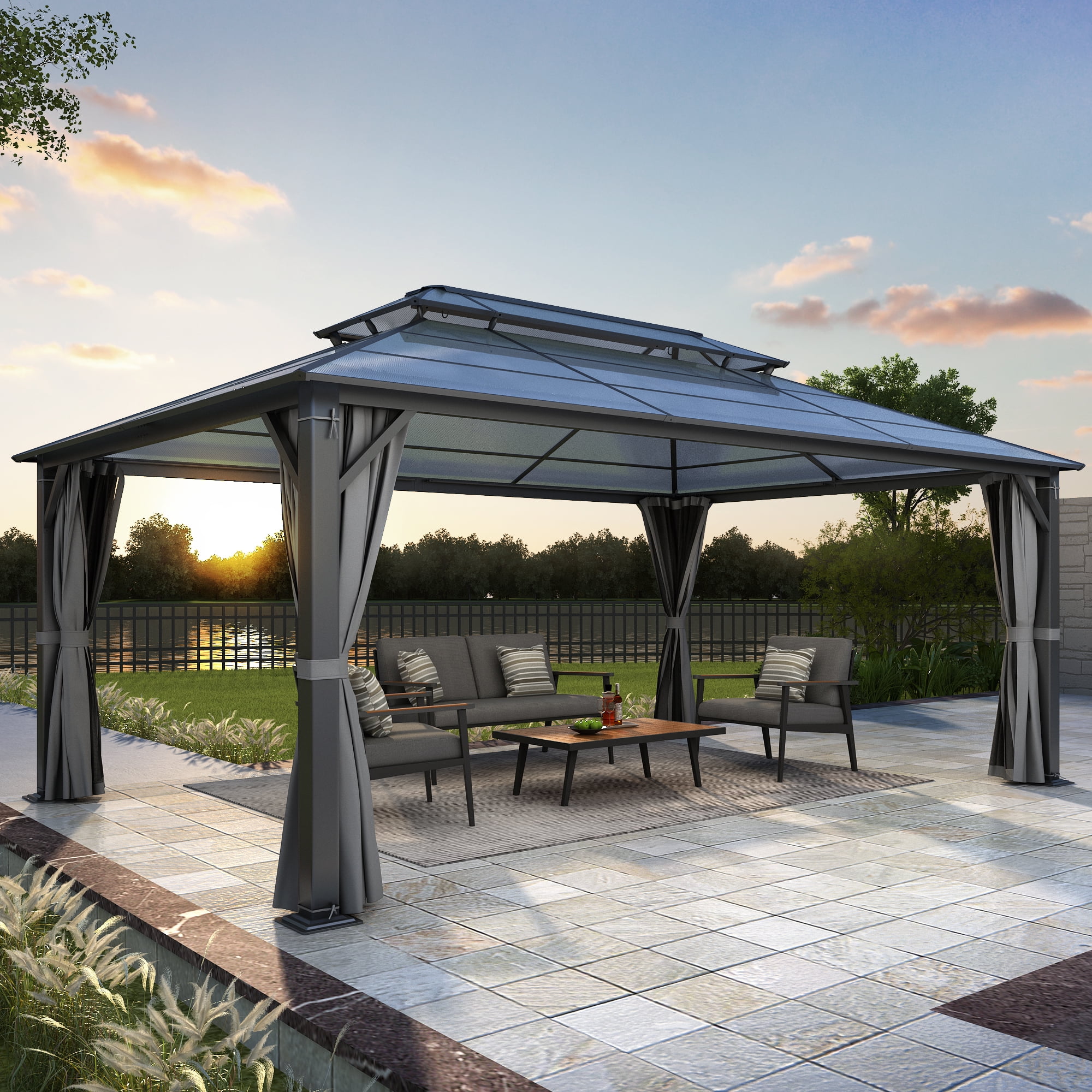 GARTOO 12 Ft. x 16 Ft. Hardtop Gazebo Outdoor Double Polycarbonate Roof ...