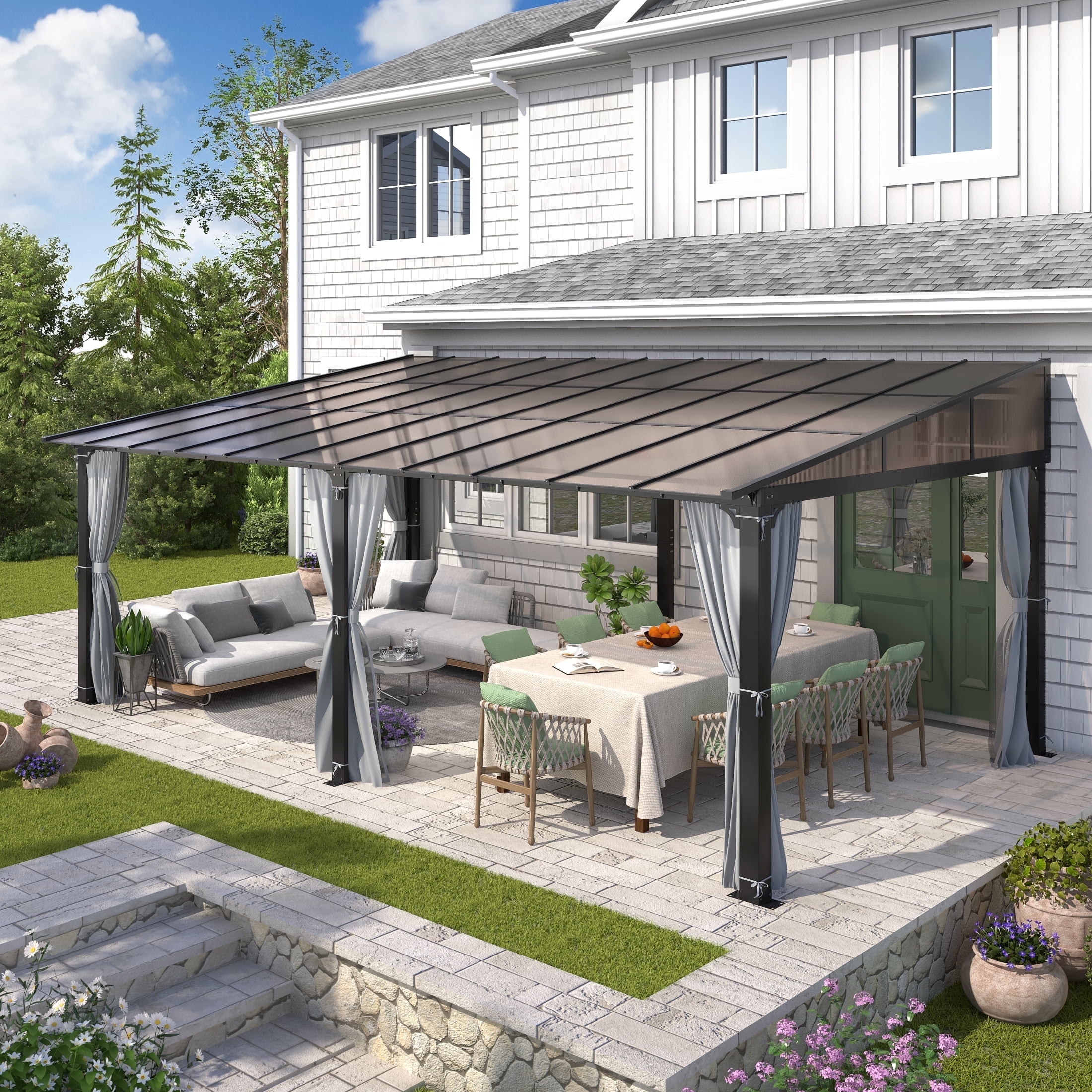 GARTOO 12' x 20' Lean to Gazebo, Wall-Mounted Hardtop Gazebo with ...