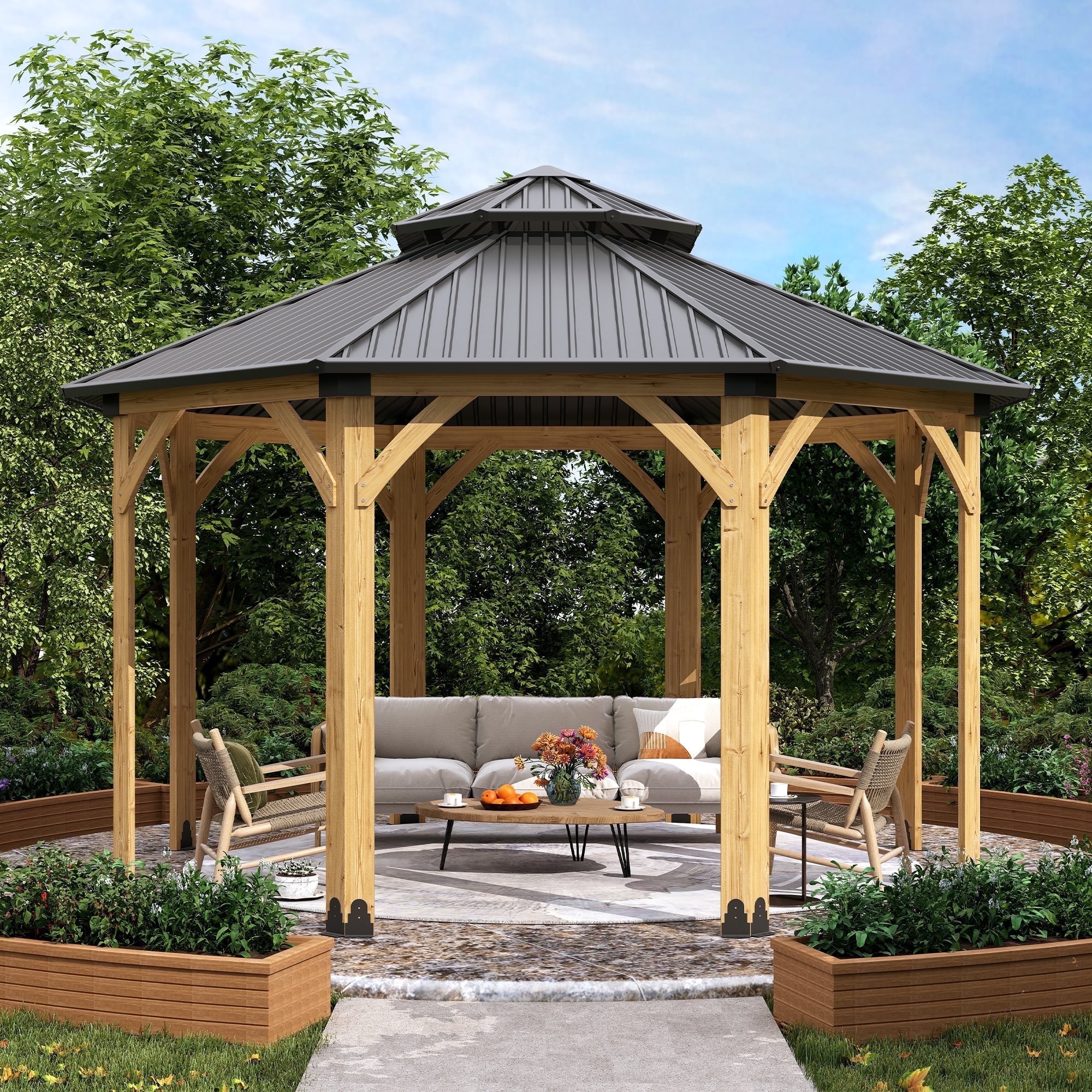 GARTOO 13 x 13 ft. Outdoor Spruce Wood Frame Octagon Gazebo, Galvanized ...