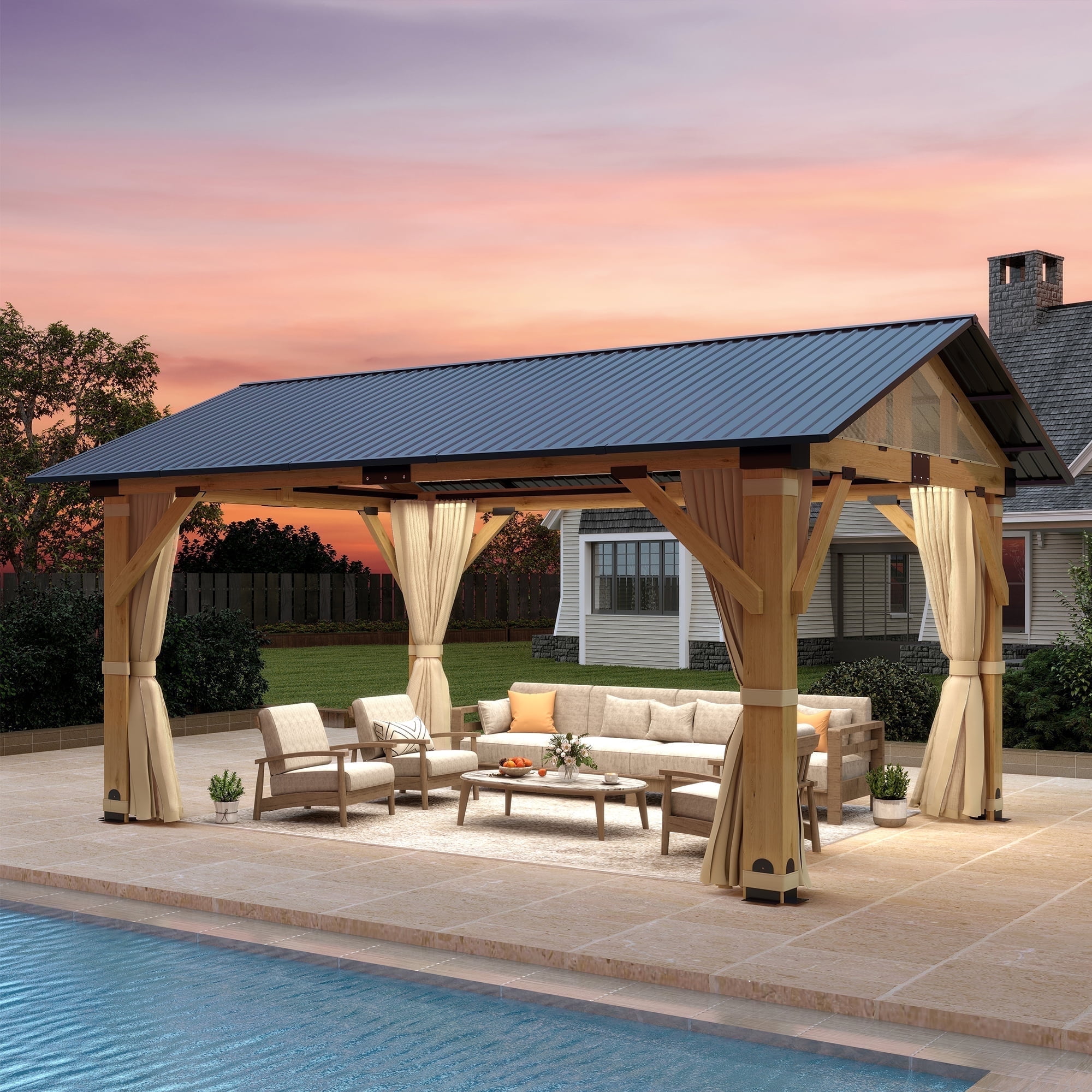 Howsvn 13Ft x 15Ft Outdoor Wooden Gazebo with Galvanized Steel Roof ...