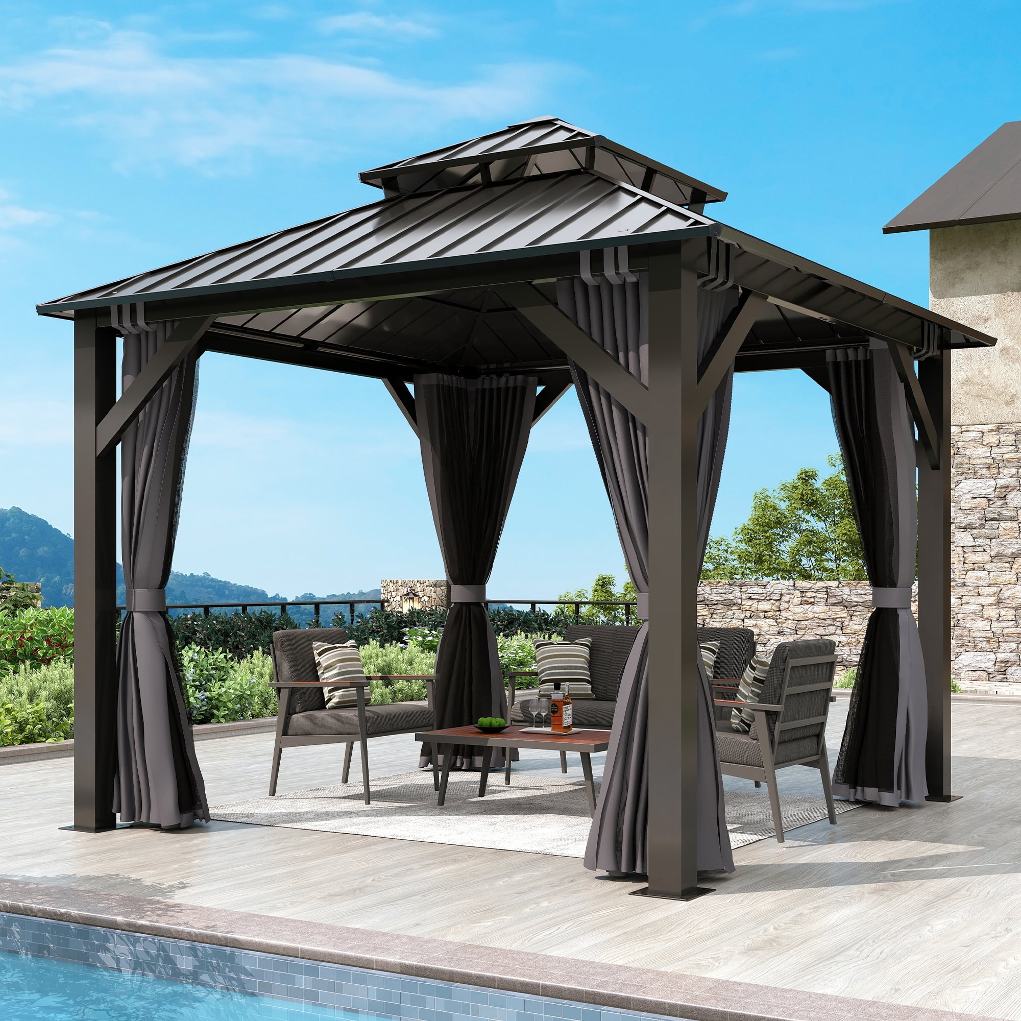 GARTOO 8.5 x 8.5 Ft. Outdoor Double Steel Roof Hardtop Gazebo, Patio ...