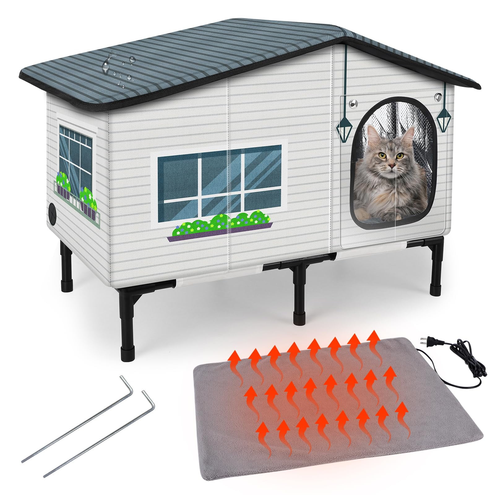 GASUR Weatherproof Heated Cat House for Outside Cats, Outdoor Cat House ...