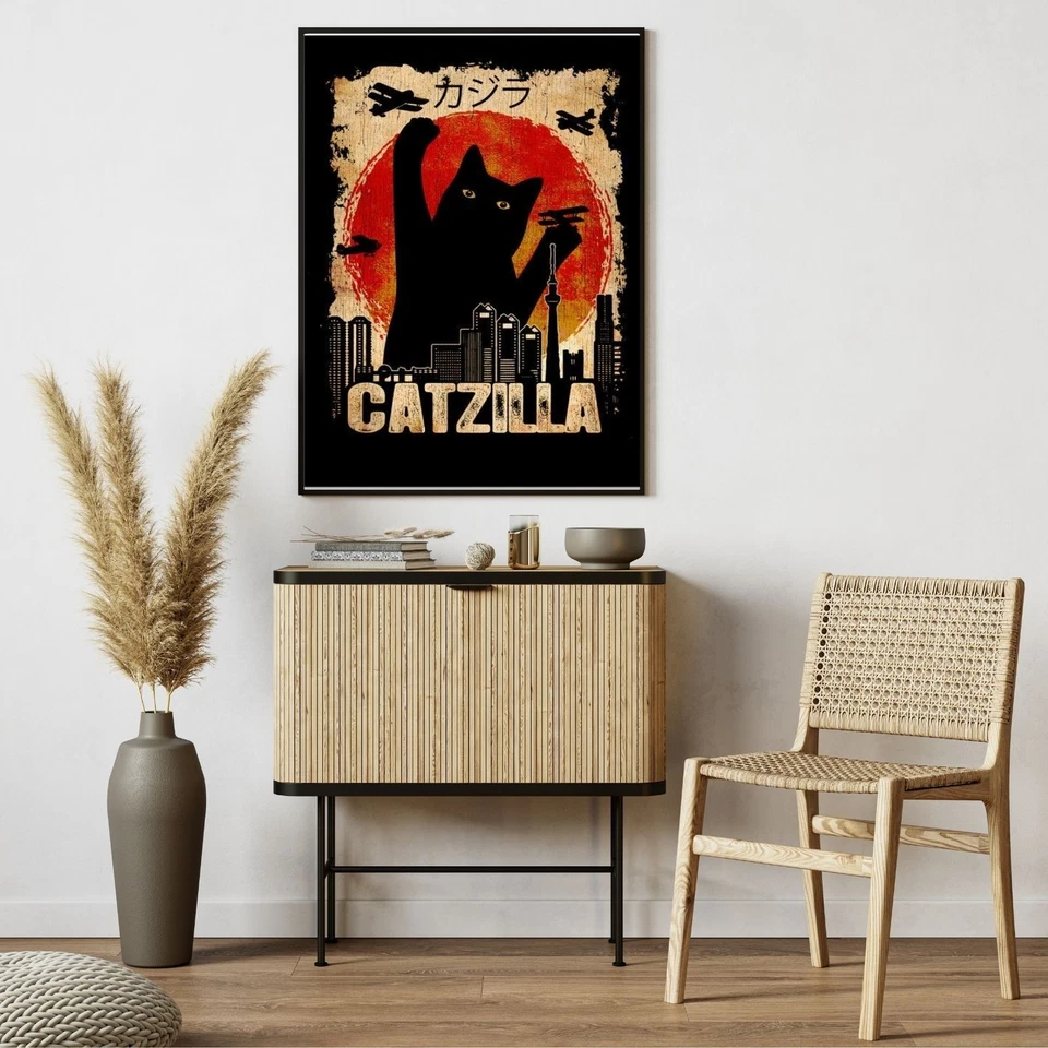 GATEGOO Poster Catzilla Poster - Cat Black Retro Japanese, Godzilla ...