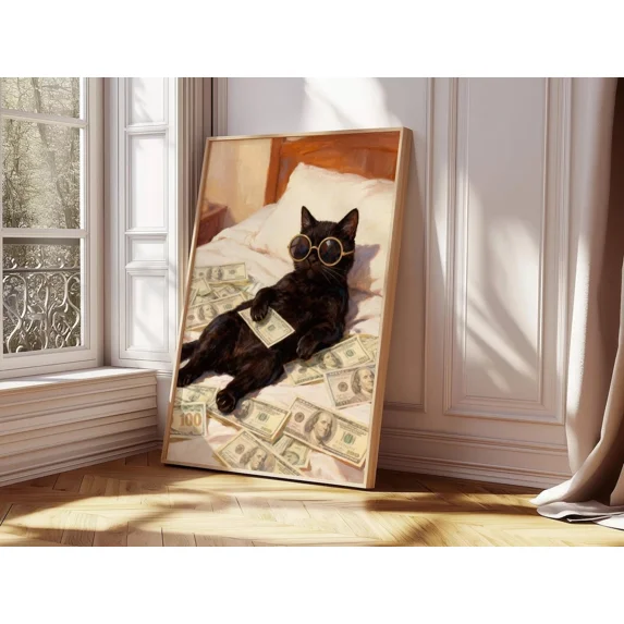 GATEGOO Poster Rich Cat Poster, Funny Black Cat Wall Art, Cool Money ...