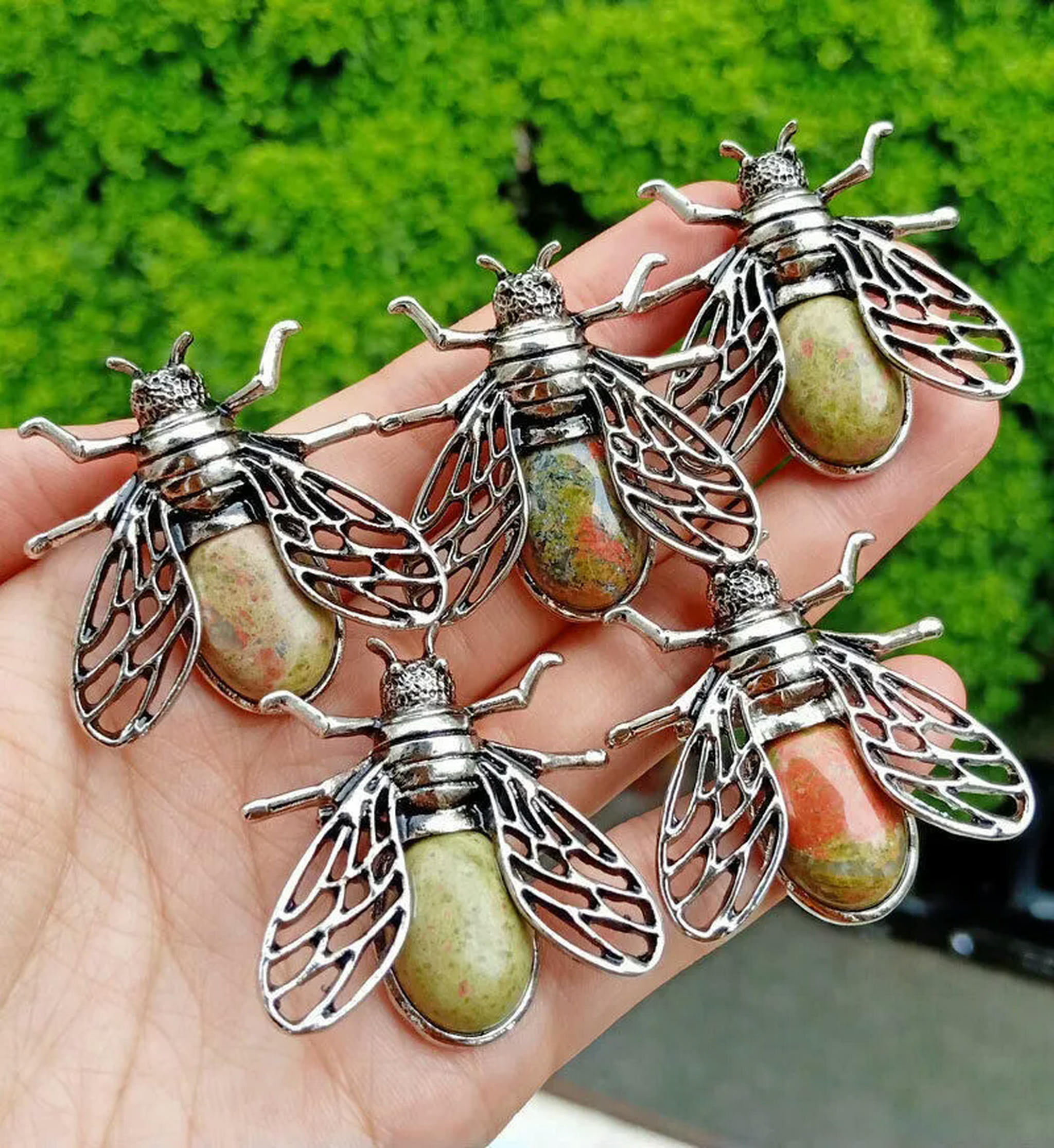GAVONO 5pcs Unakite Jasper stone Cicada Fly Pendants Brooch Chakra Reiki Healing Amulet ...