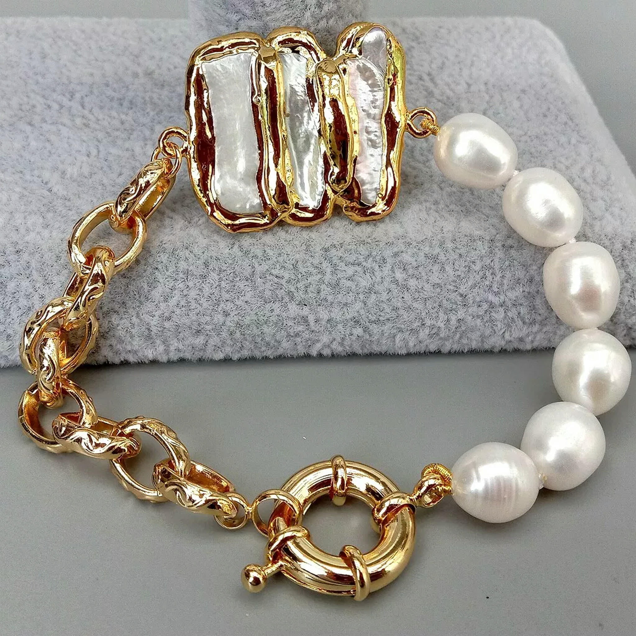 GAVONO 8" White Biwa Pearl Connector Cultured White Rice Pearl link ...
