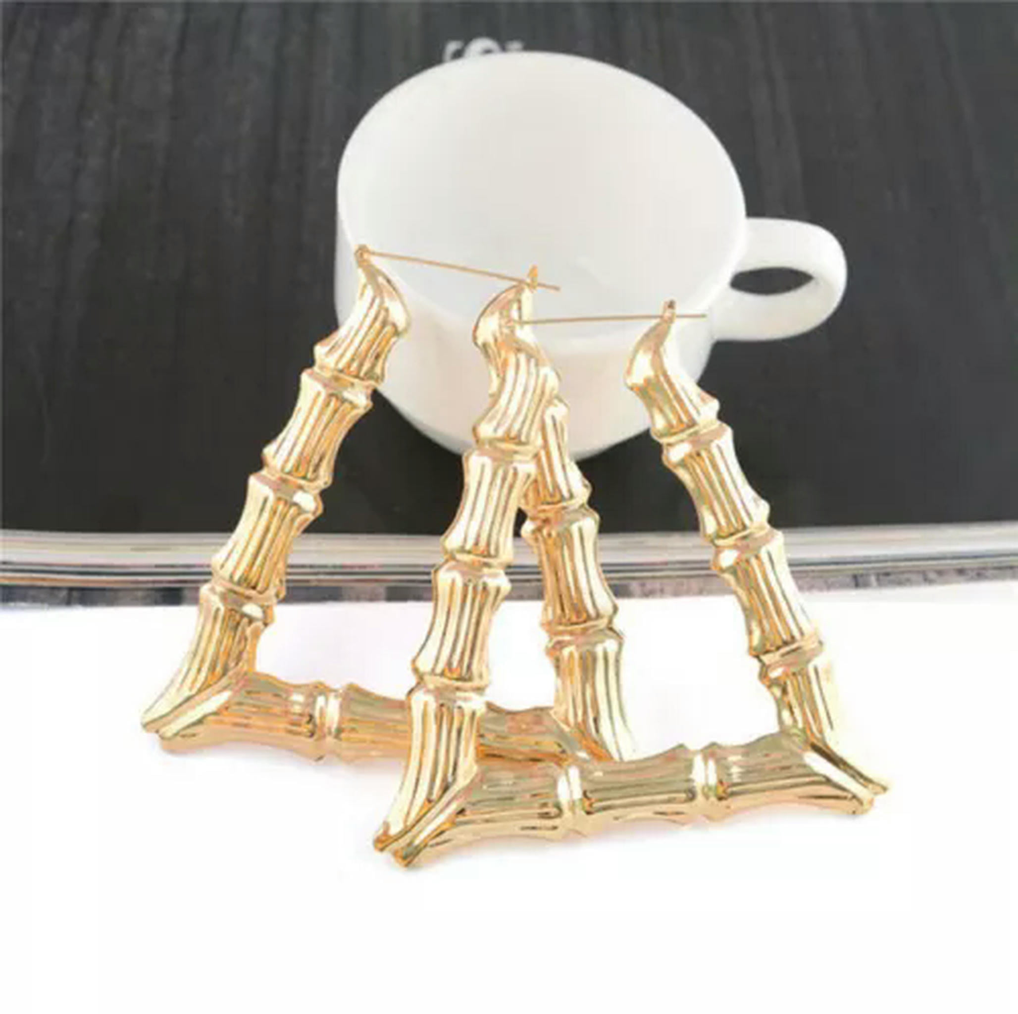 GAVONO Boho Large Bamboo Joint Hoop Earrings Hip-Hop Gold Tone Ladies ...