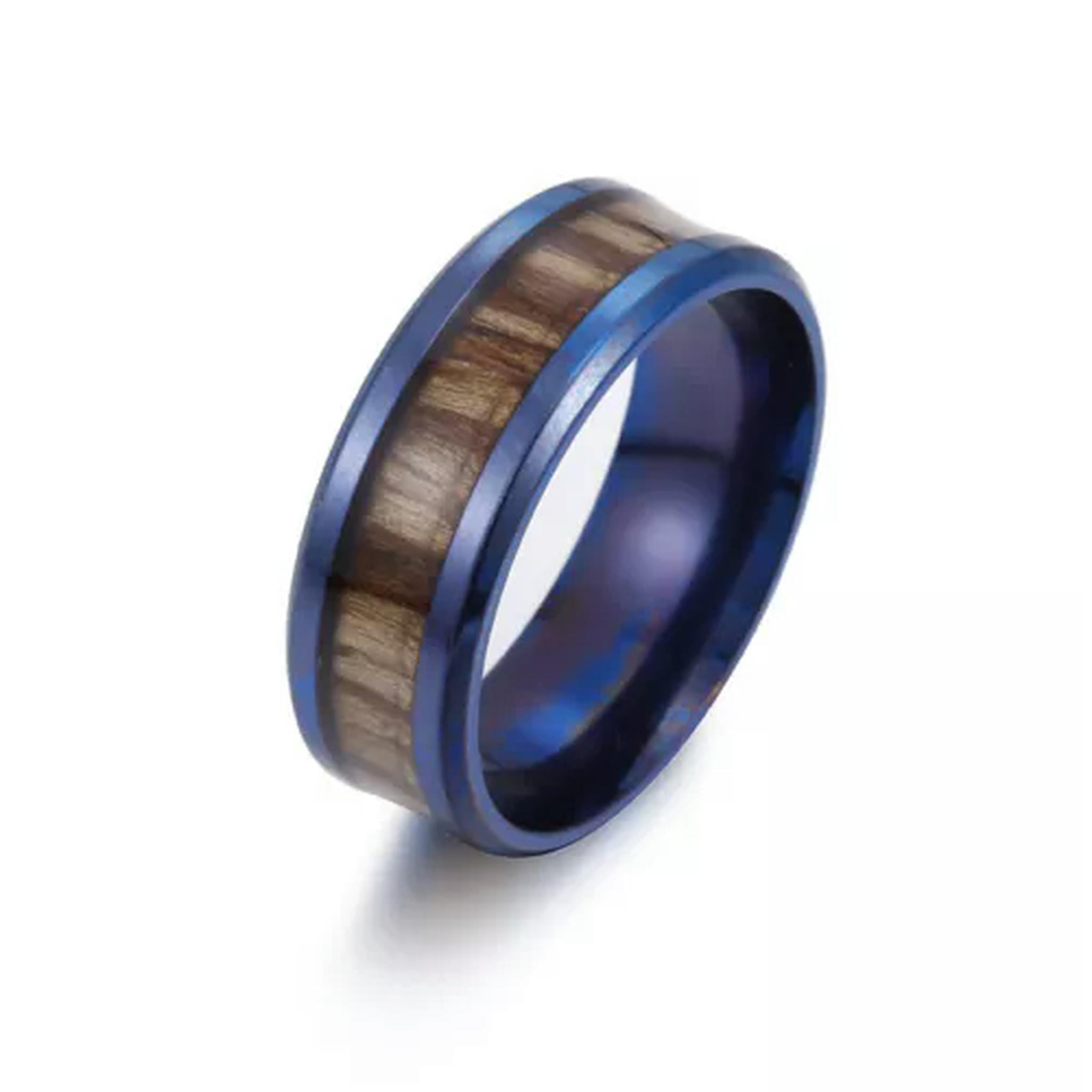GAVONO Mens Wooden Wood Inlay Ring for Men Women Stainless Steel Size 6-13-8-Blue+Teak wood ...