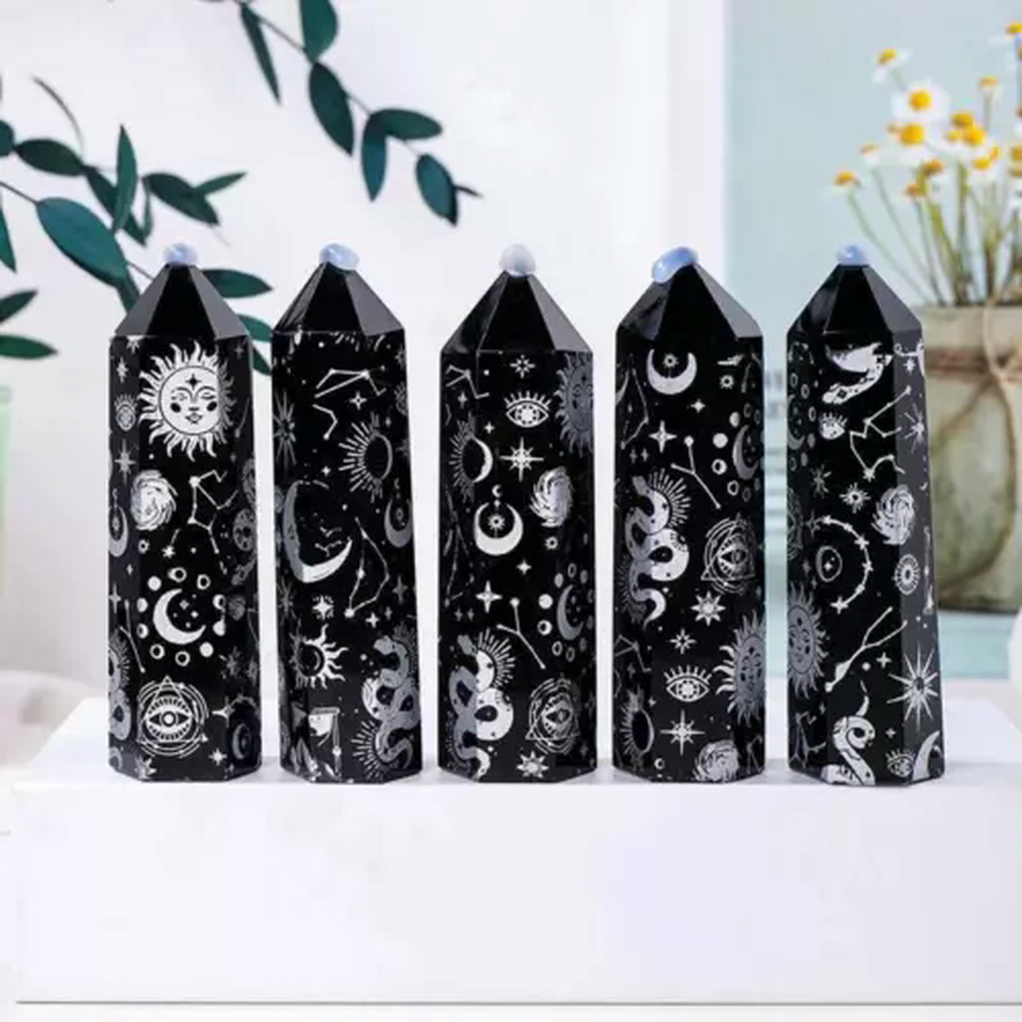 GAVONO Natural Obsidian Silver Star Moon Pattern Quartz Crystal Wand ...