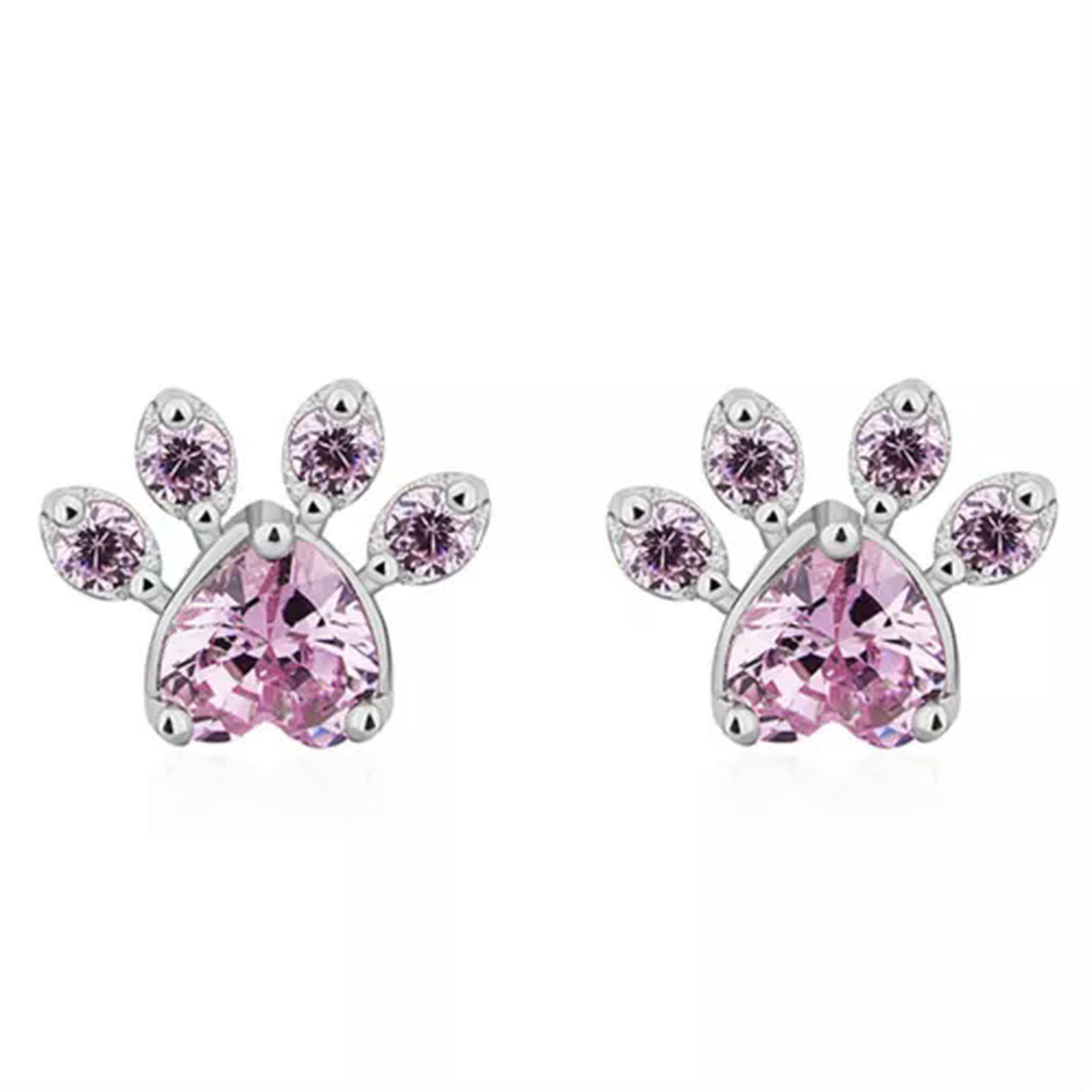 GAVONO Women Shiny Pink Crystal Ear Stud Cute Puppy Cat Dog Paw Print ...