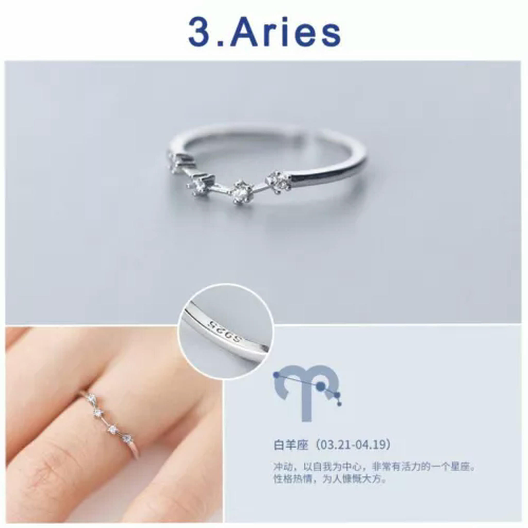 GAVONO Women Zircon 12 Constellations Zodiac Sign Silver Plated Open Rings Adjustable-Aries ...