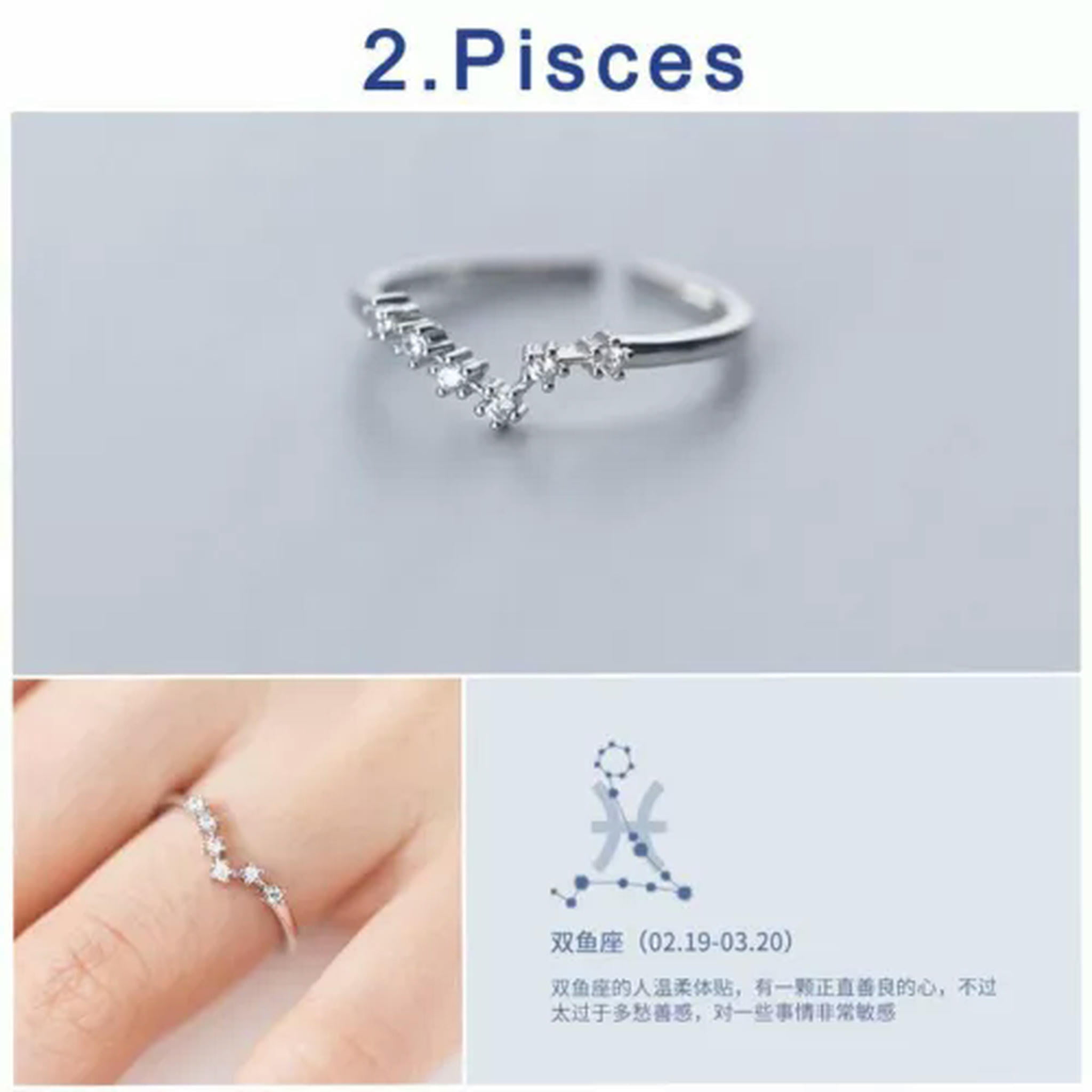 GAVONO Women Zircon 12 Constellations Zodiac Sign Silver Plated Open Rings Adjustable-Pisces ...